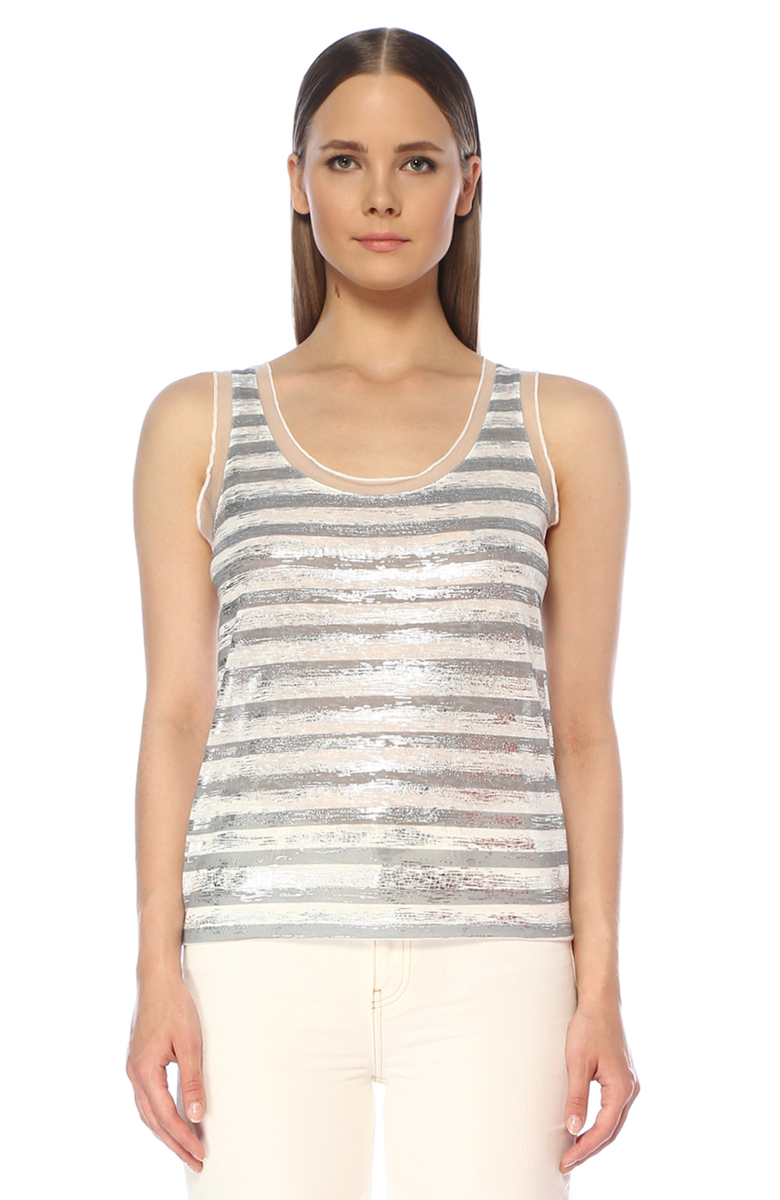 Gri Çizgili Varak Baskılı Kolsuz T-shirt