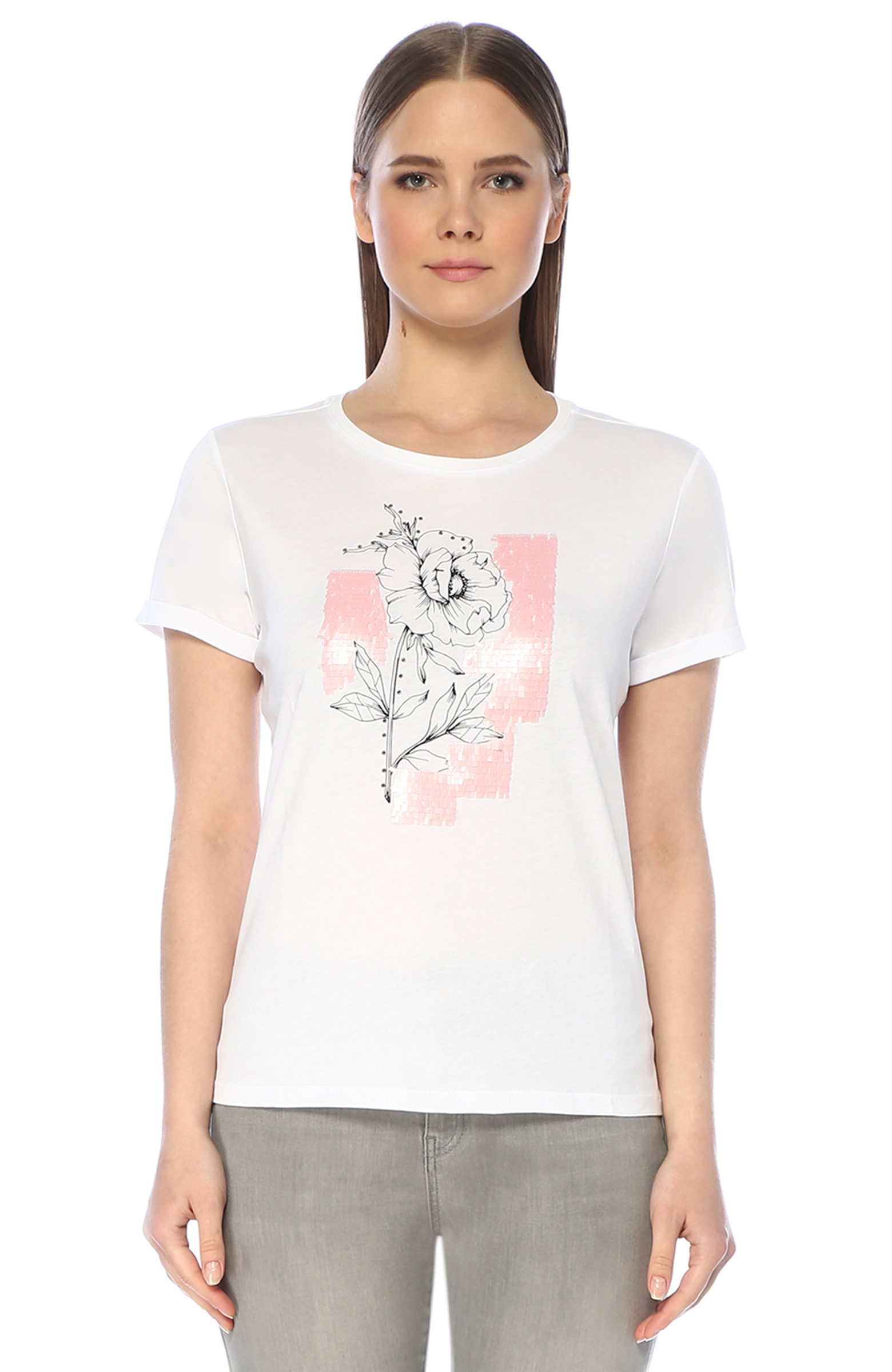 Beyaz Çiçek Baskılı İşleme Detaylı T-shirt