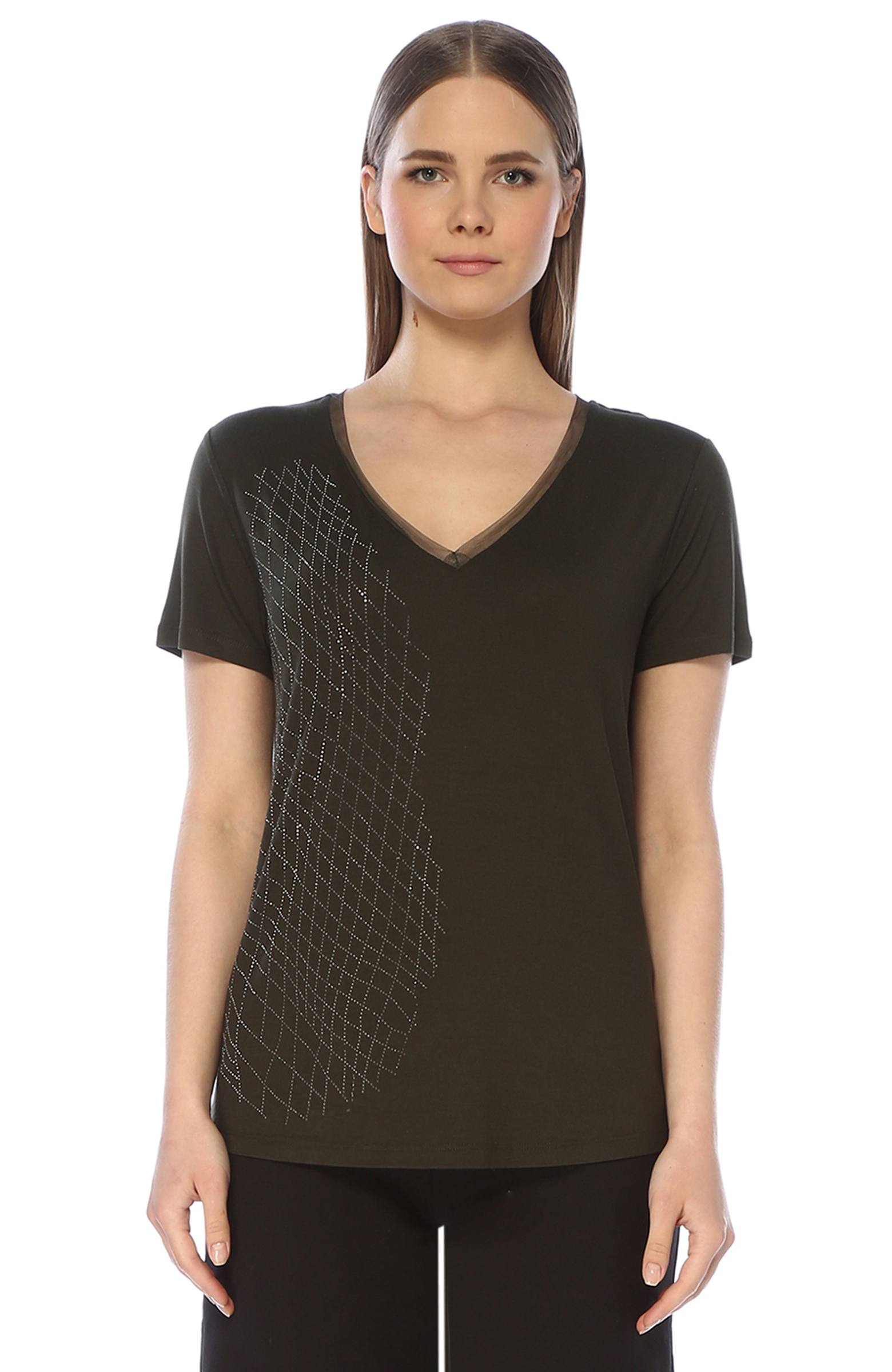 Haki V Yaka Taş Detaylı T-Shirt Haki V Yaka Taş Detaylı T-Shirt