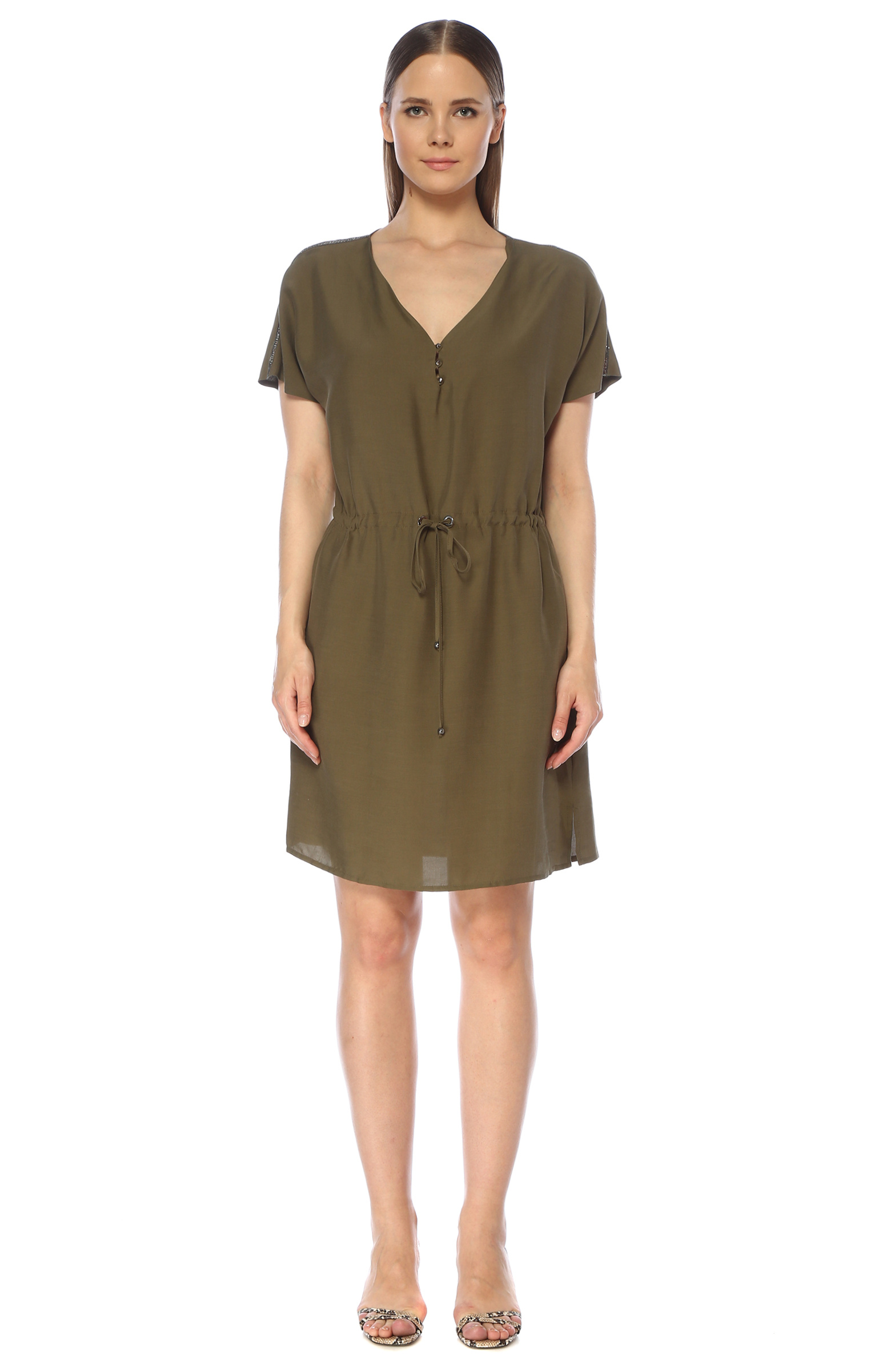 Haki V Yaka Beli Büzgülü Midi Elbise