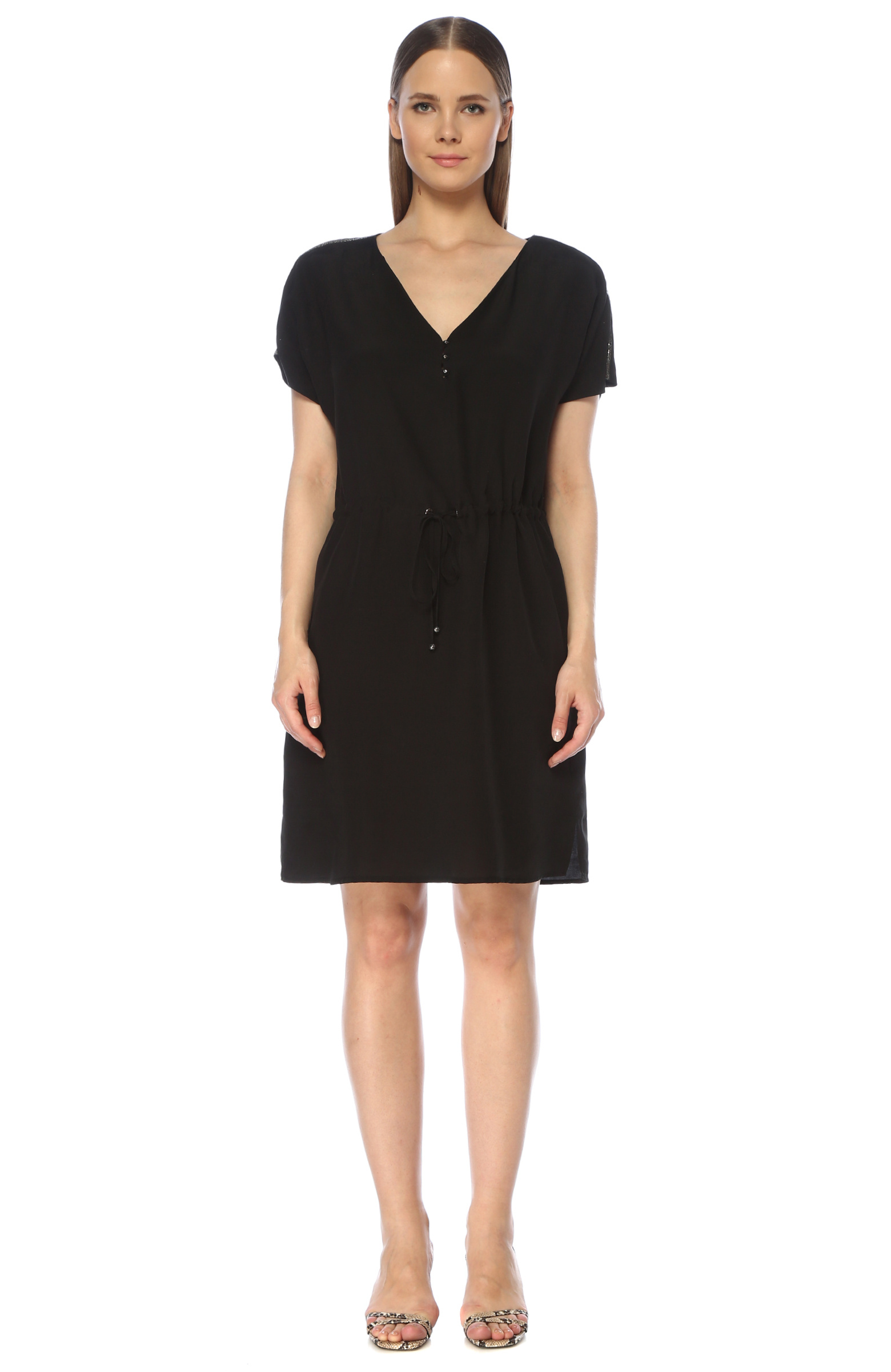 Siyah V Yaka Beli Büzgülü Midi Elbise