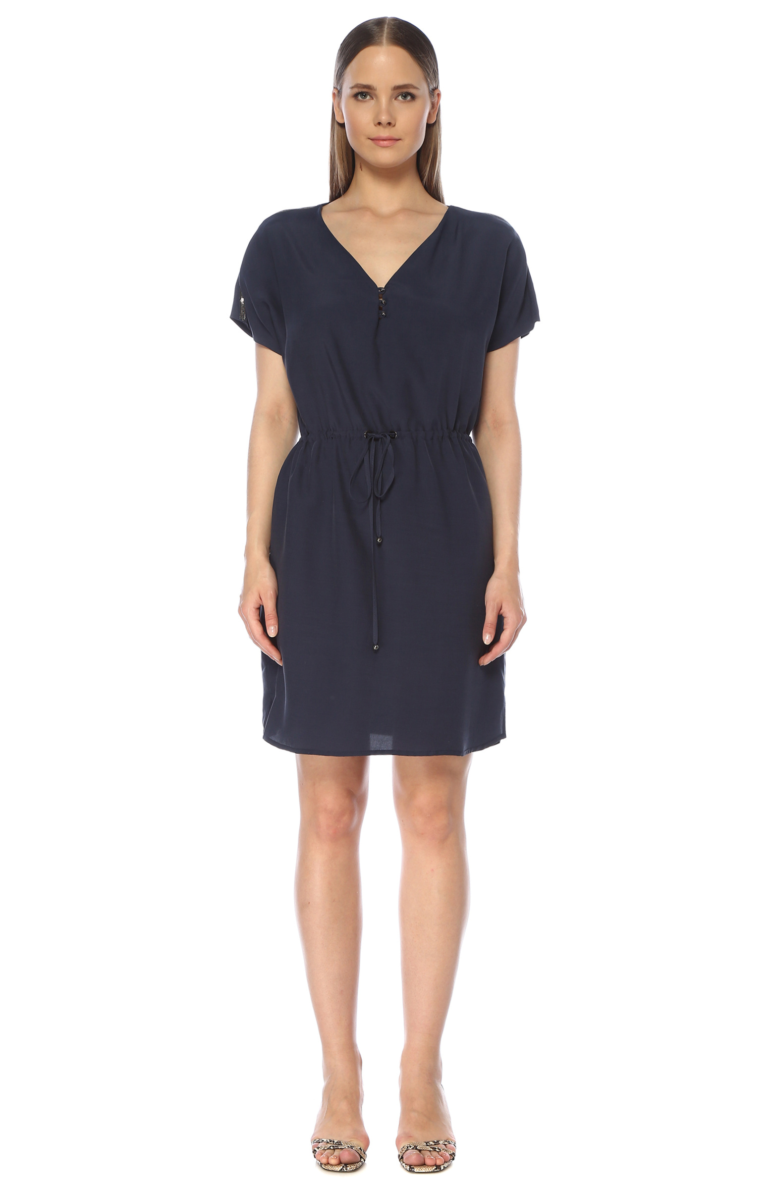 Indigo V Yaka Büzgülü Mini Elbise