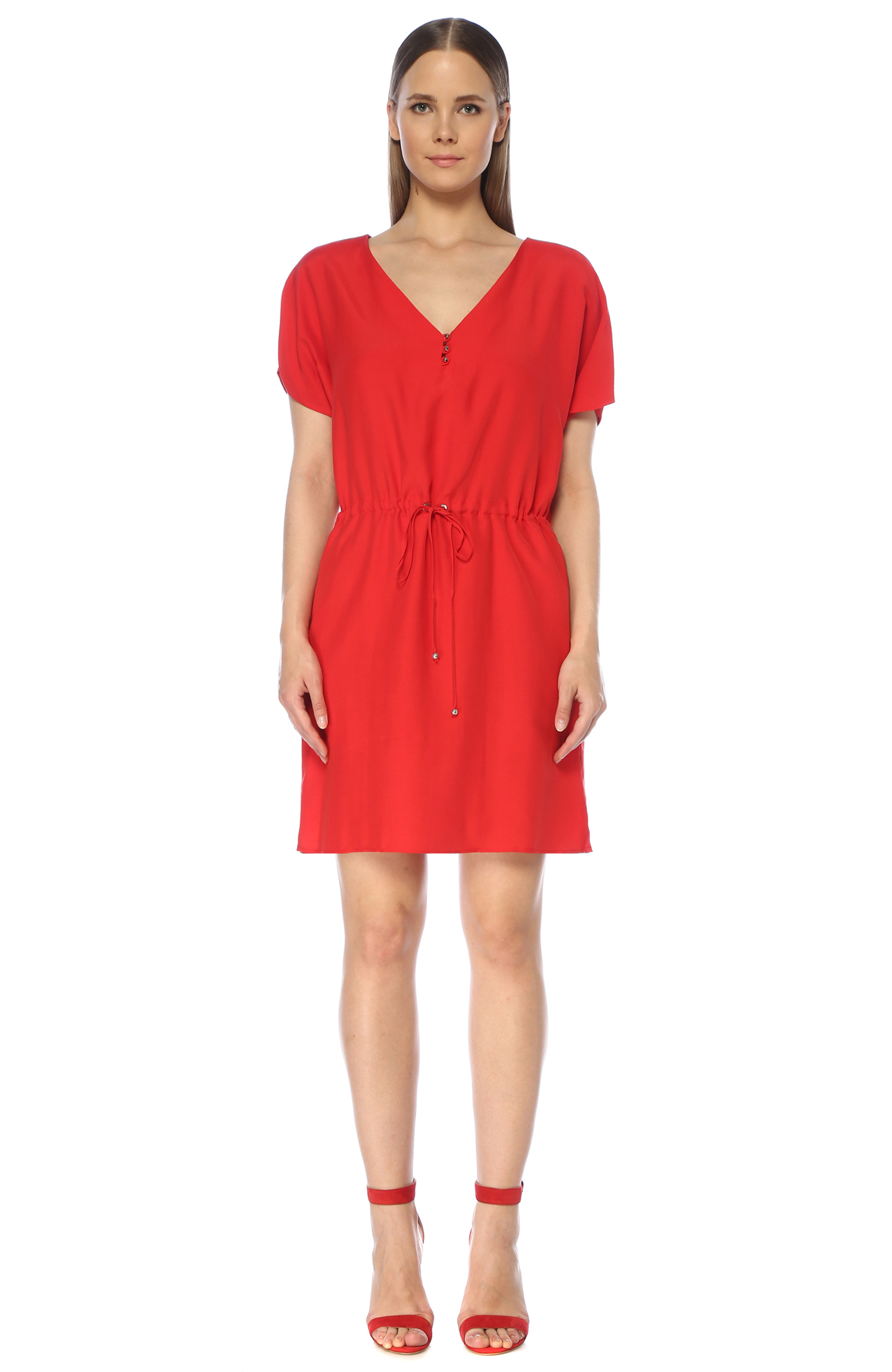 Kırmızı V Yaka Beli Büzgülü Midi Elbise