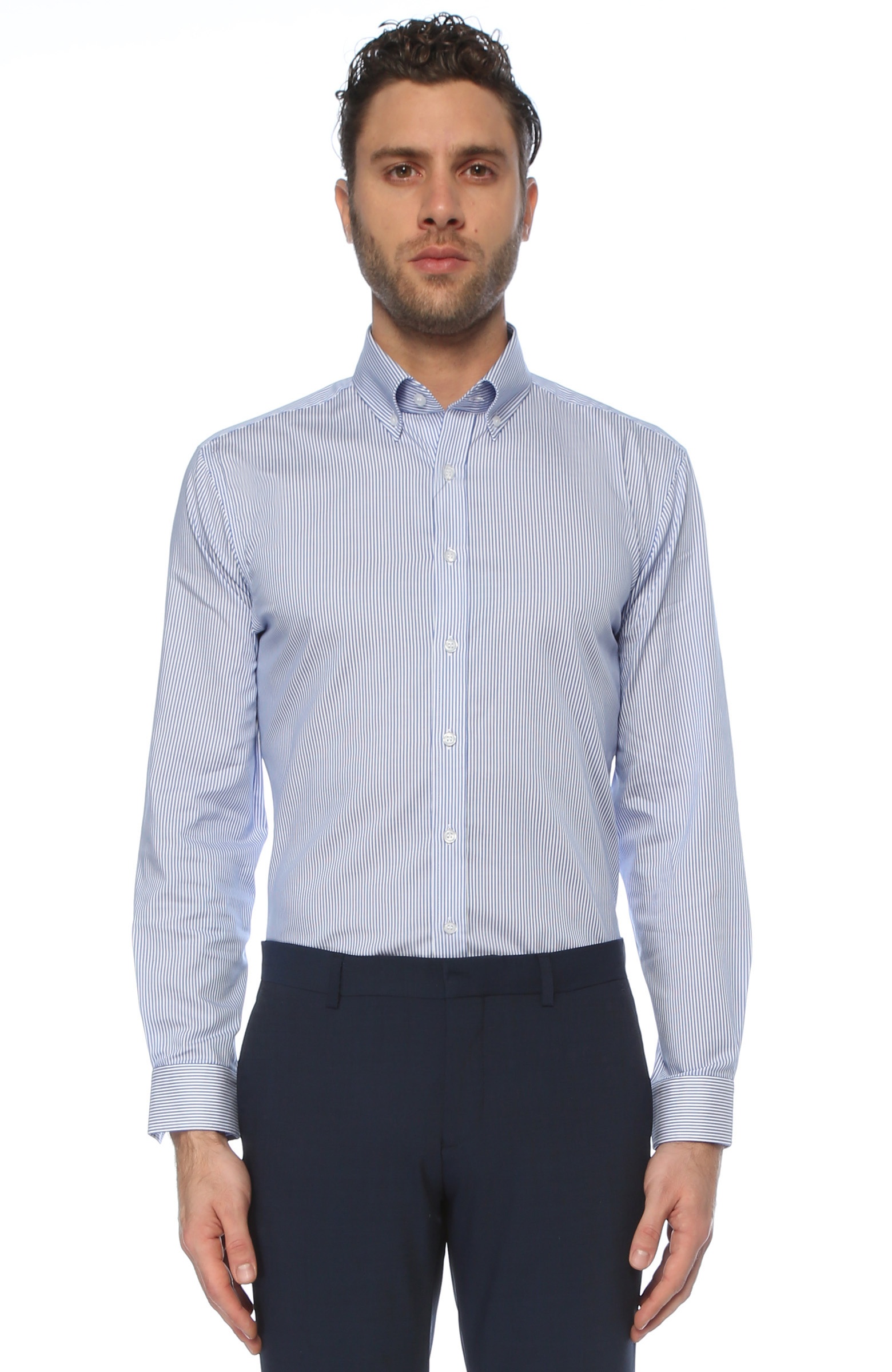 Slim Fit Mavi Polo Yaka Çizgili Gömlek Slim Fit Mavi Polo Yaka Çizgili Gömlek