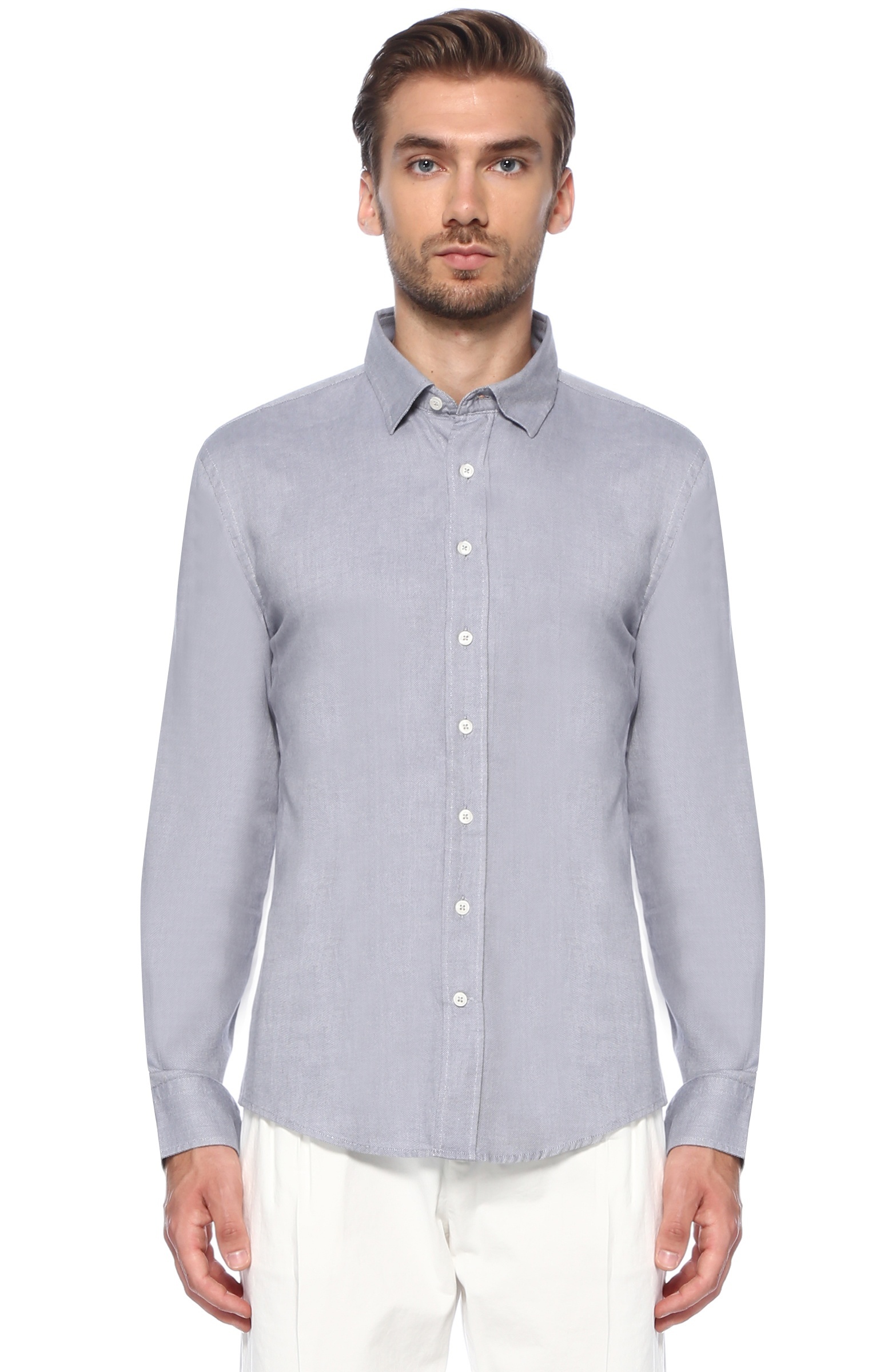 Slim Fit Gri İngiliz Yaka Gömlek