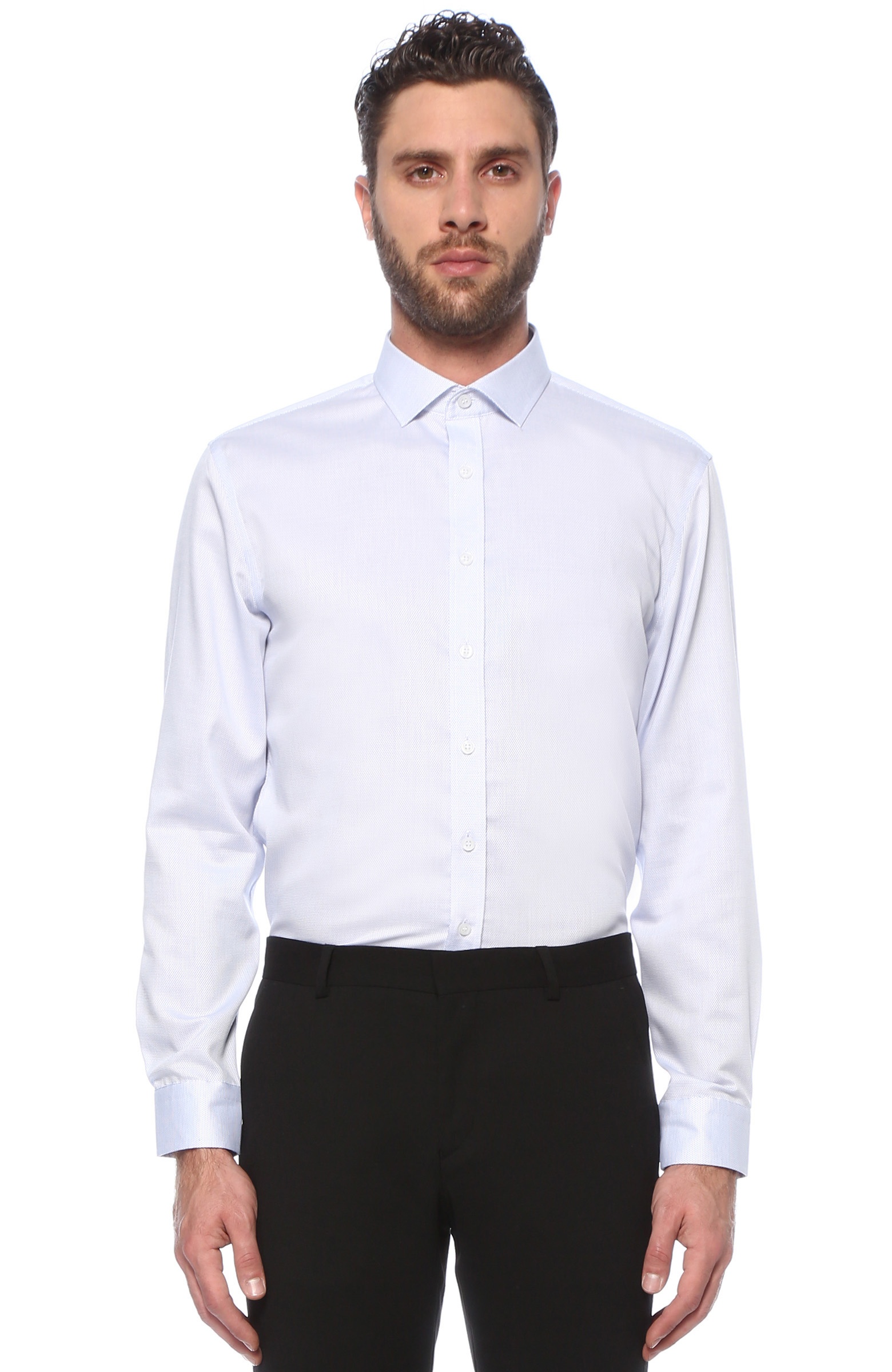 Slim Fit Beyaz Mavi İtalyan Yaka Non Iron Gömlek Slim Fit Beyaz Mavi İtalyan Yaka Non Iron Gömlek