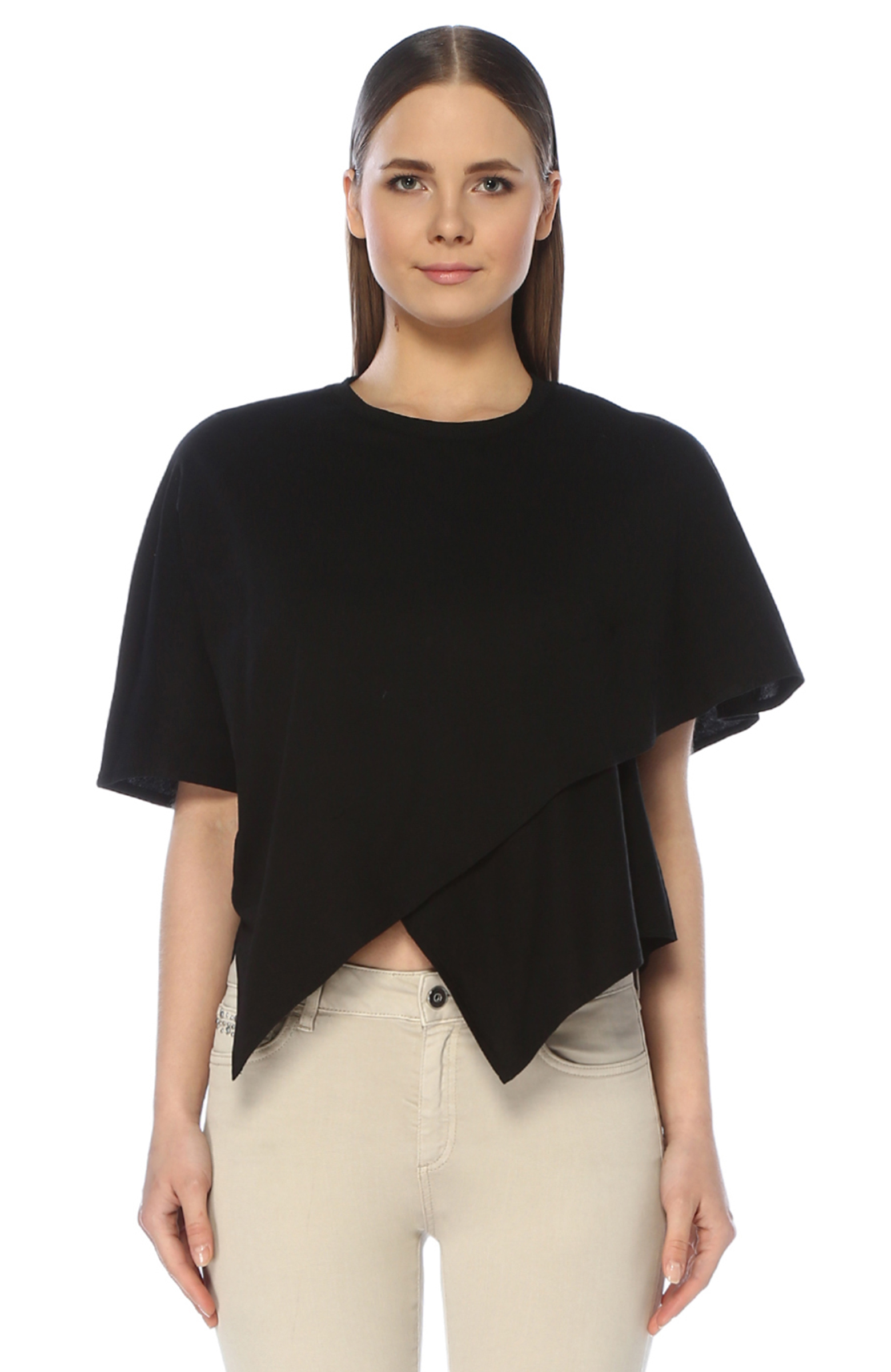Siyah Asimetrik Kesim Detaylı T-shirt