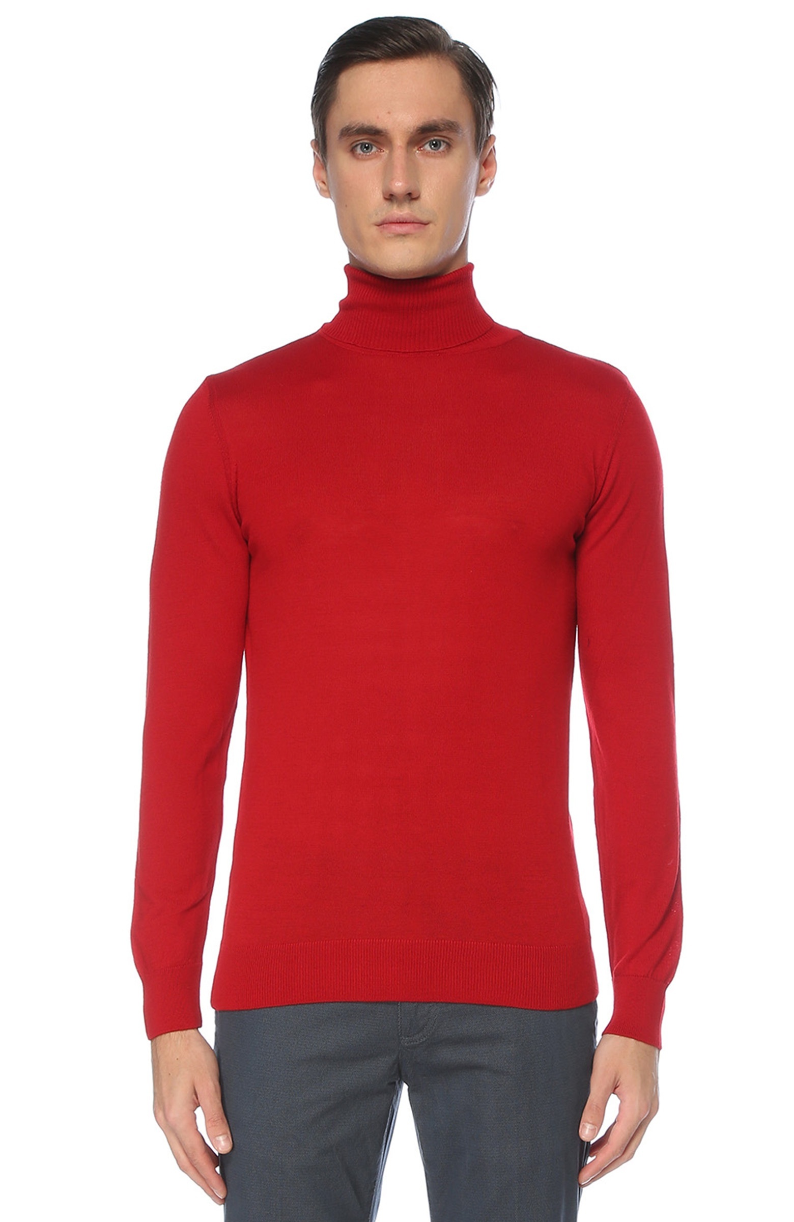 Kırmızı Balıkçı Yaka Yün Kazak