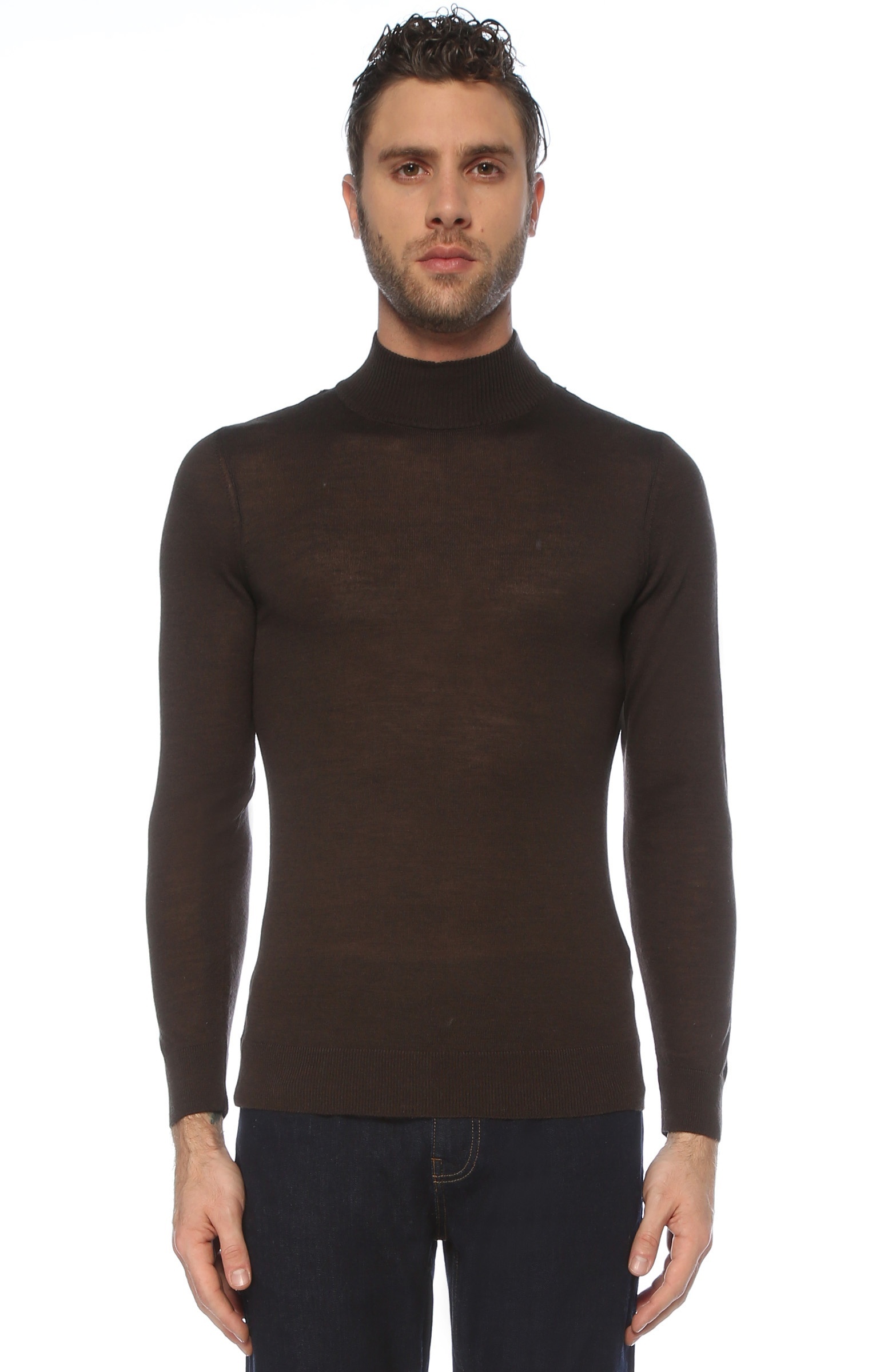 Kahverengi Balıkçı Yaka Yün Kazak