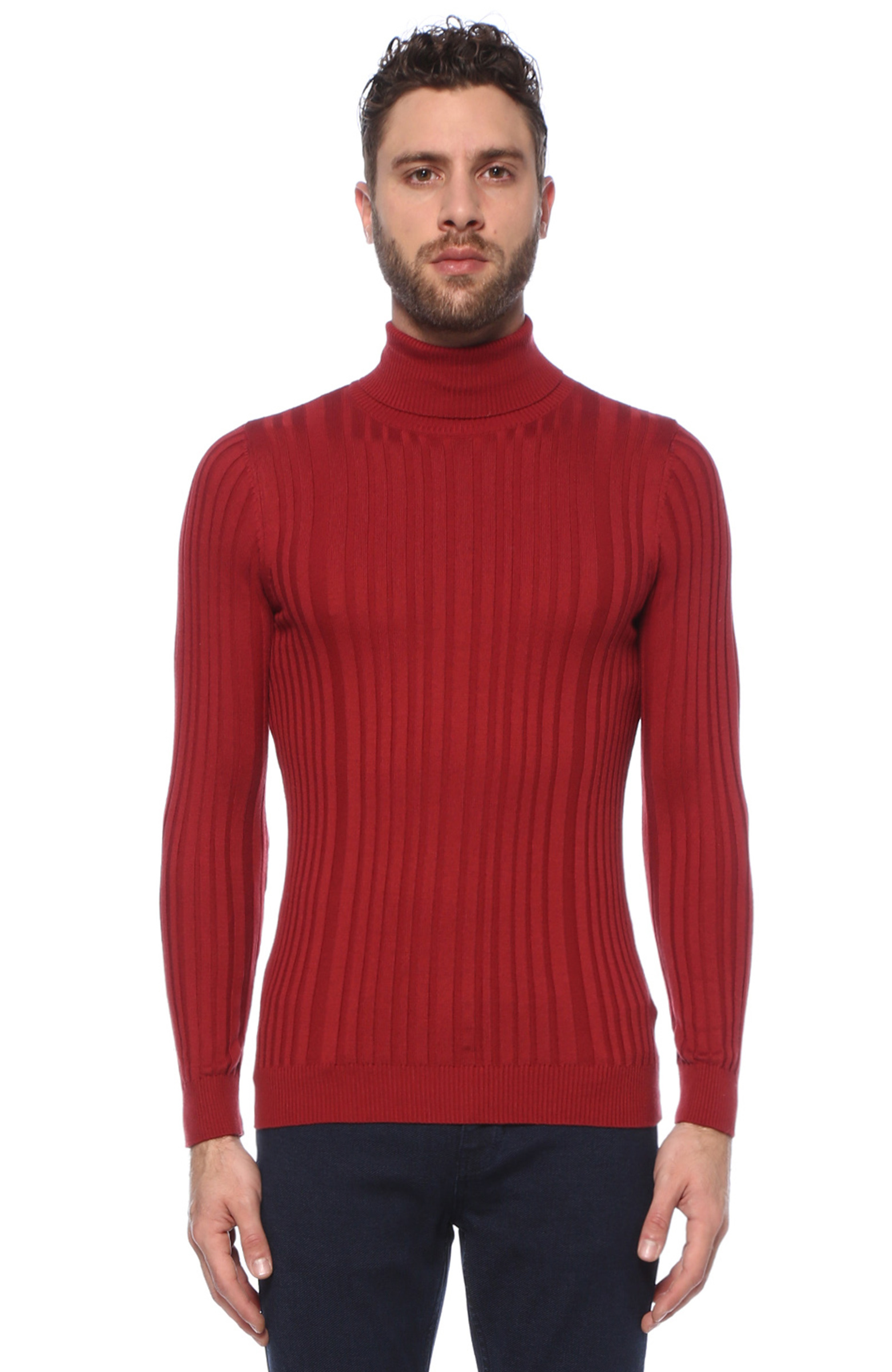 Kırmızı Balıkçı Yaka Triko Kazak