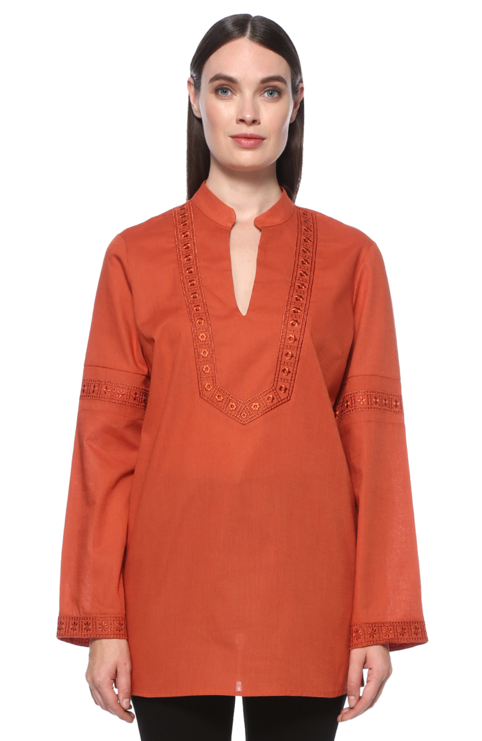 Kiremit Nakış Detaylı Uzun Kol Bluz