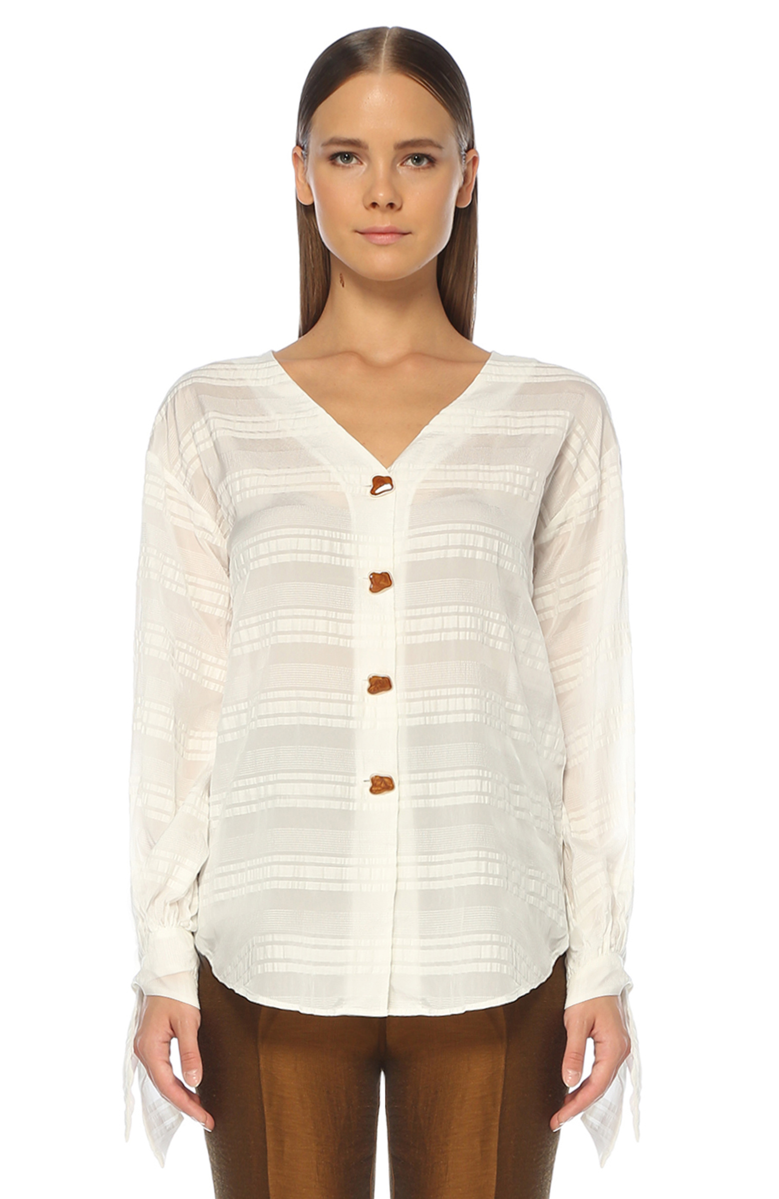 Regular Fit Ekru V Yaka Çizgili Gömlek