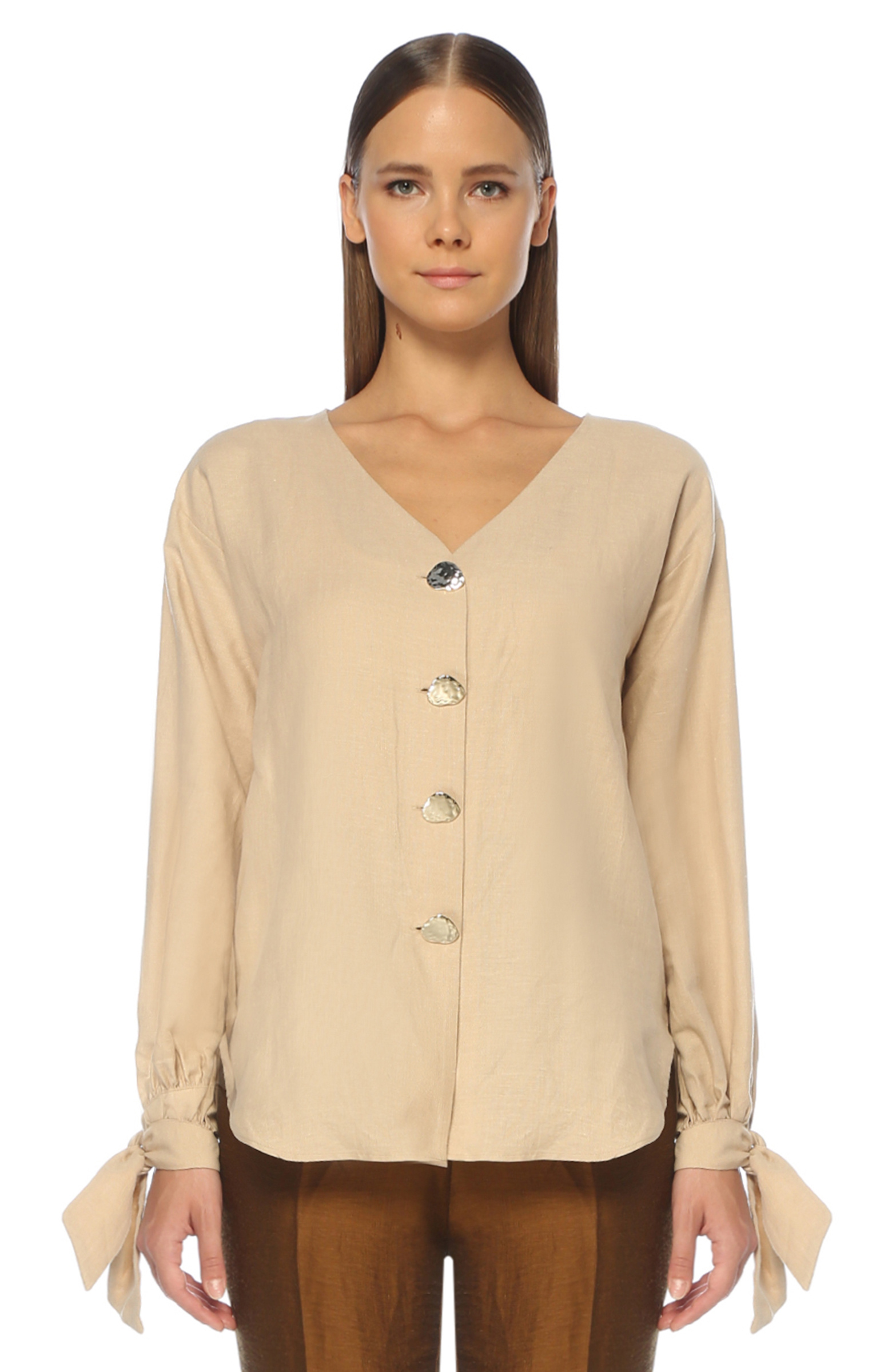 Bej V Yaka Keten Gömlek