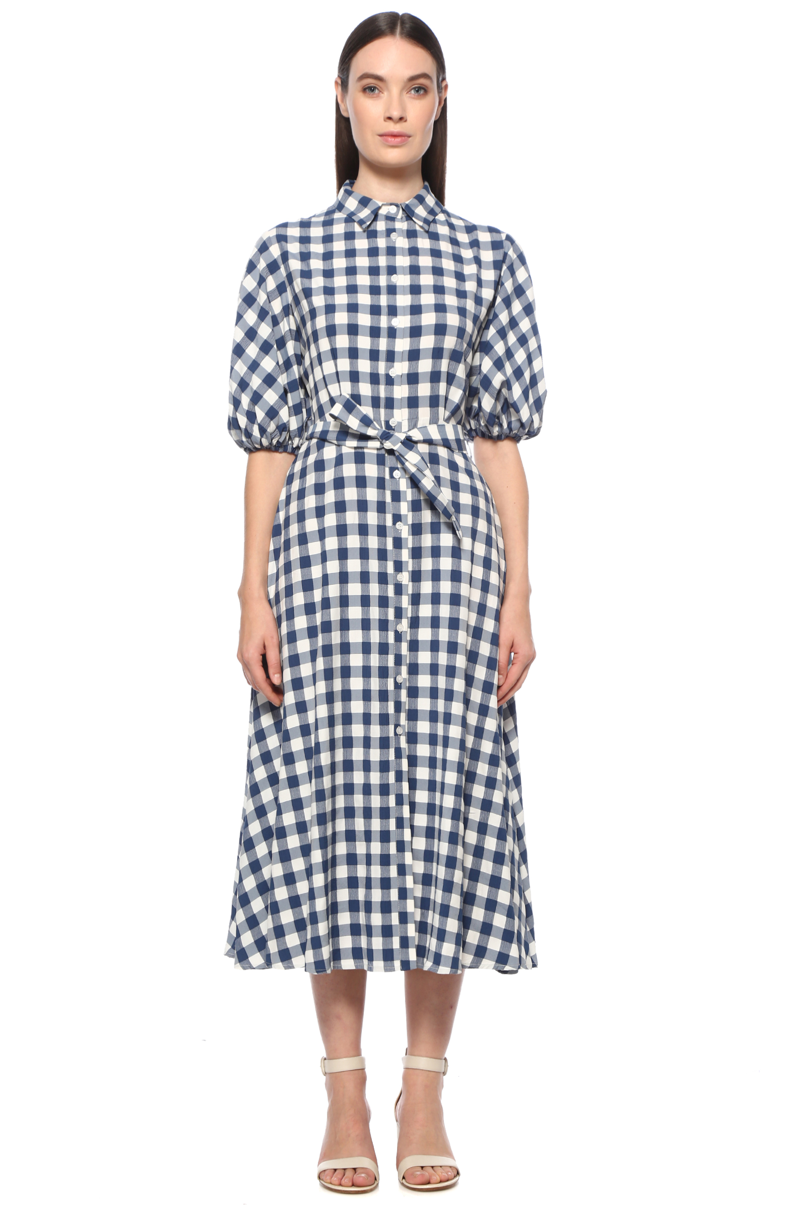 Lacivert Polo Yaka Kareli Midi Elbise Lacivert Polo Yaka Kareli Midi Elbise