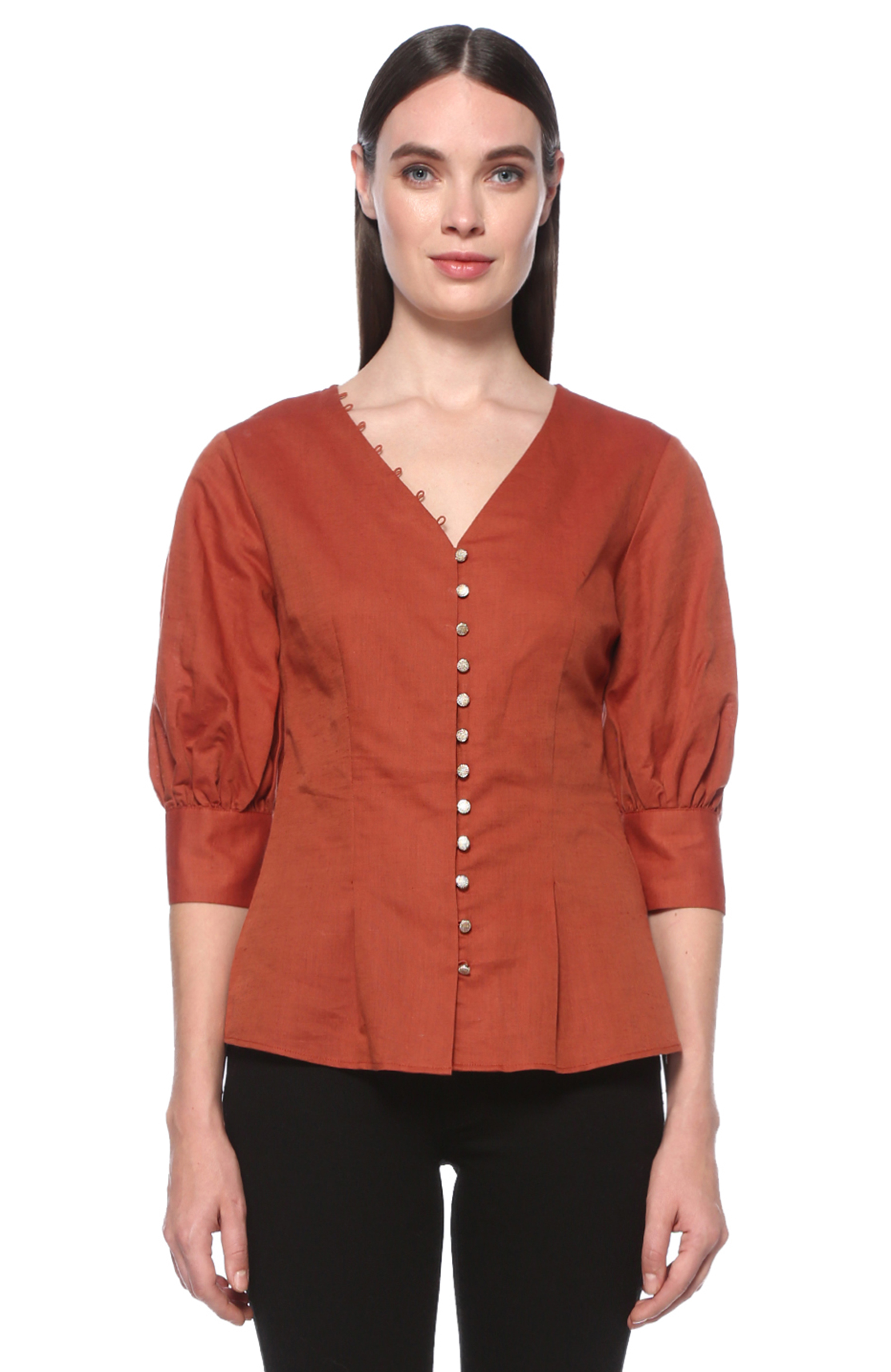 Tarçın V Yaka Truvakar Kol Gömlek