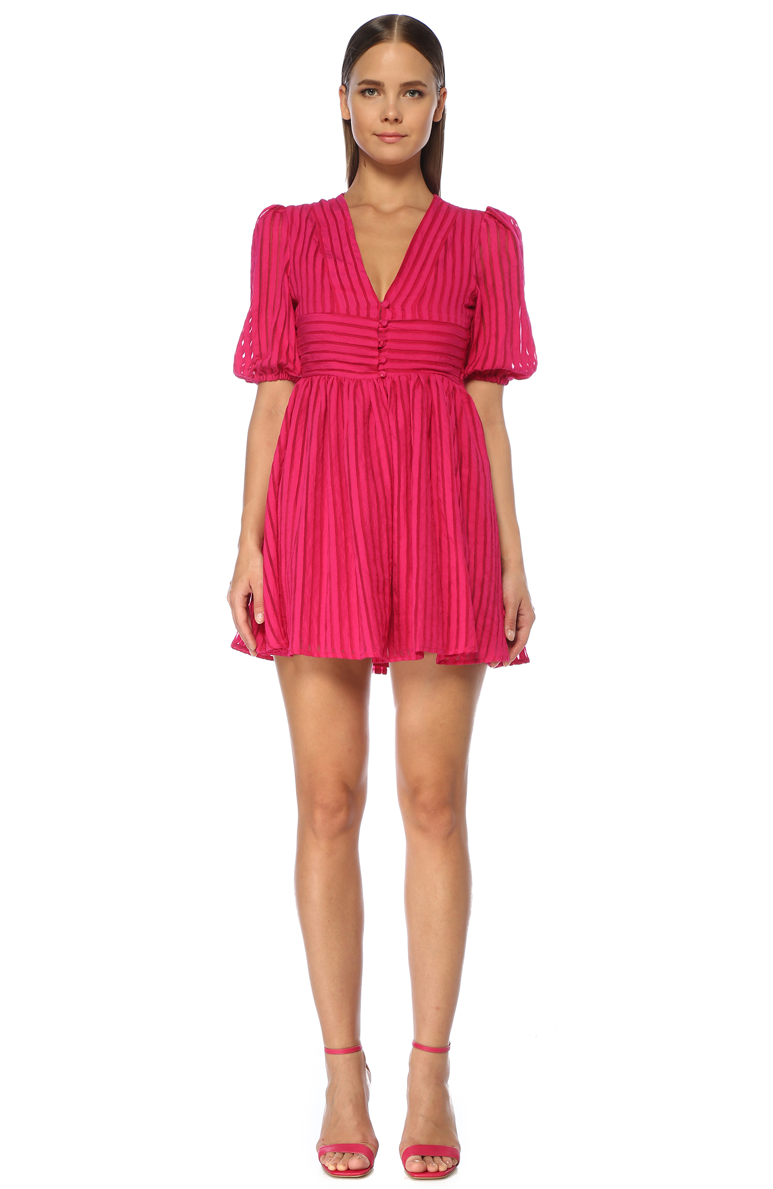Fuşya V Yaka Çizgili Mini Elbise Fuşya V Yaka Çizgili Mini Elbise