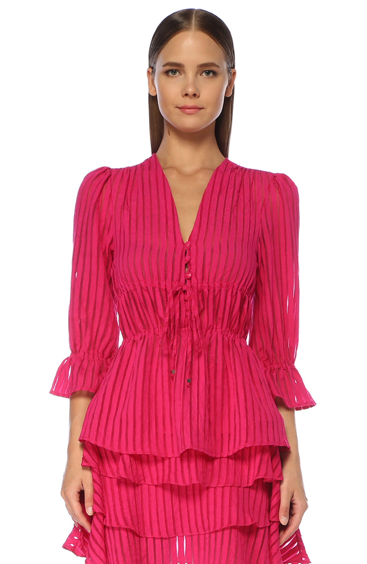 Fuşya V Yaka Çizgili Bluz