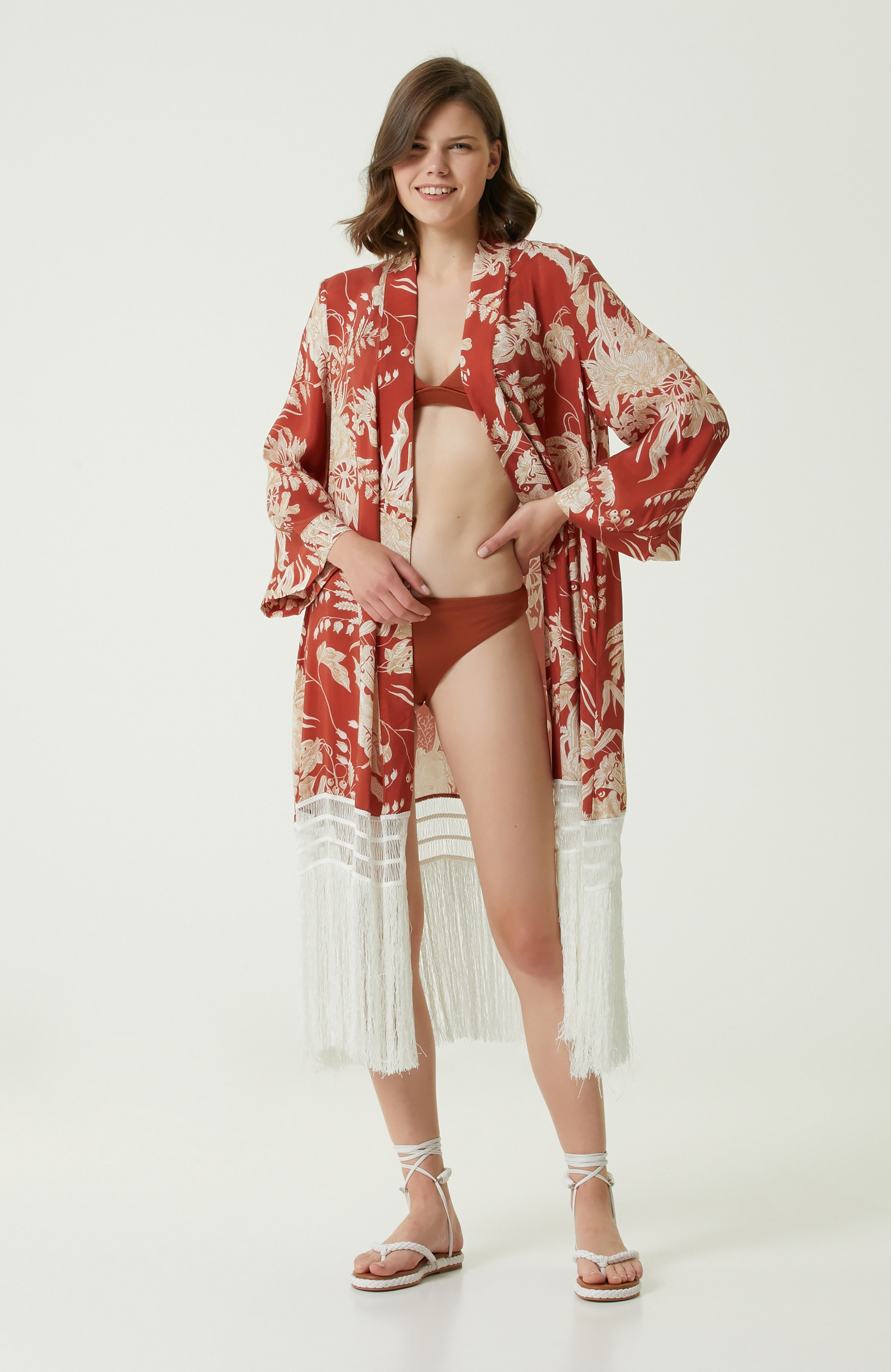 Kiremit Çiçekli Püsküllü Midi Kaftan