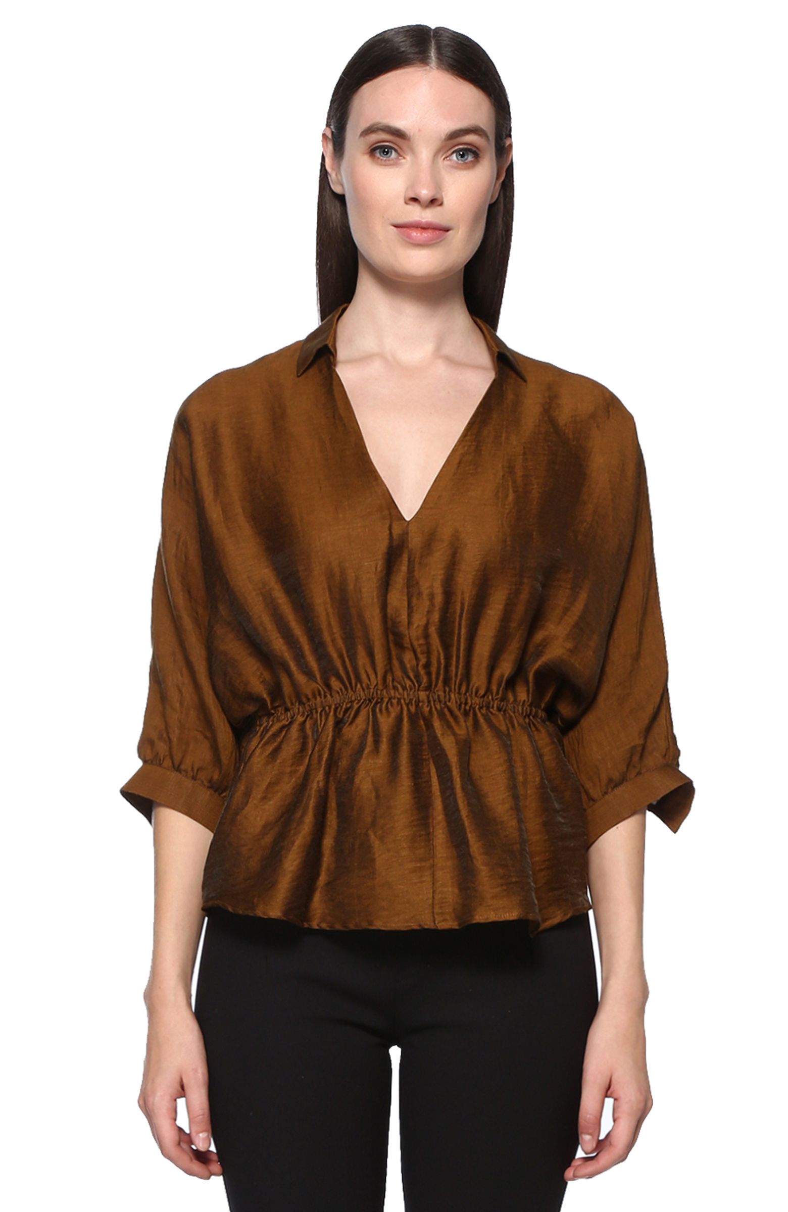 Kahverengi V Yaka Büzgülü Bluz