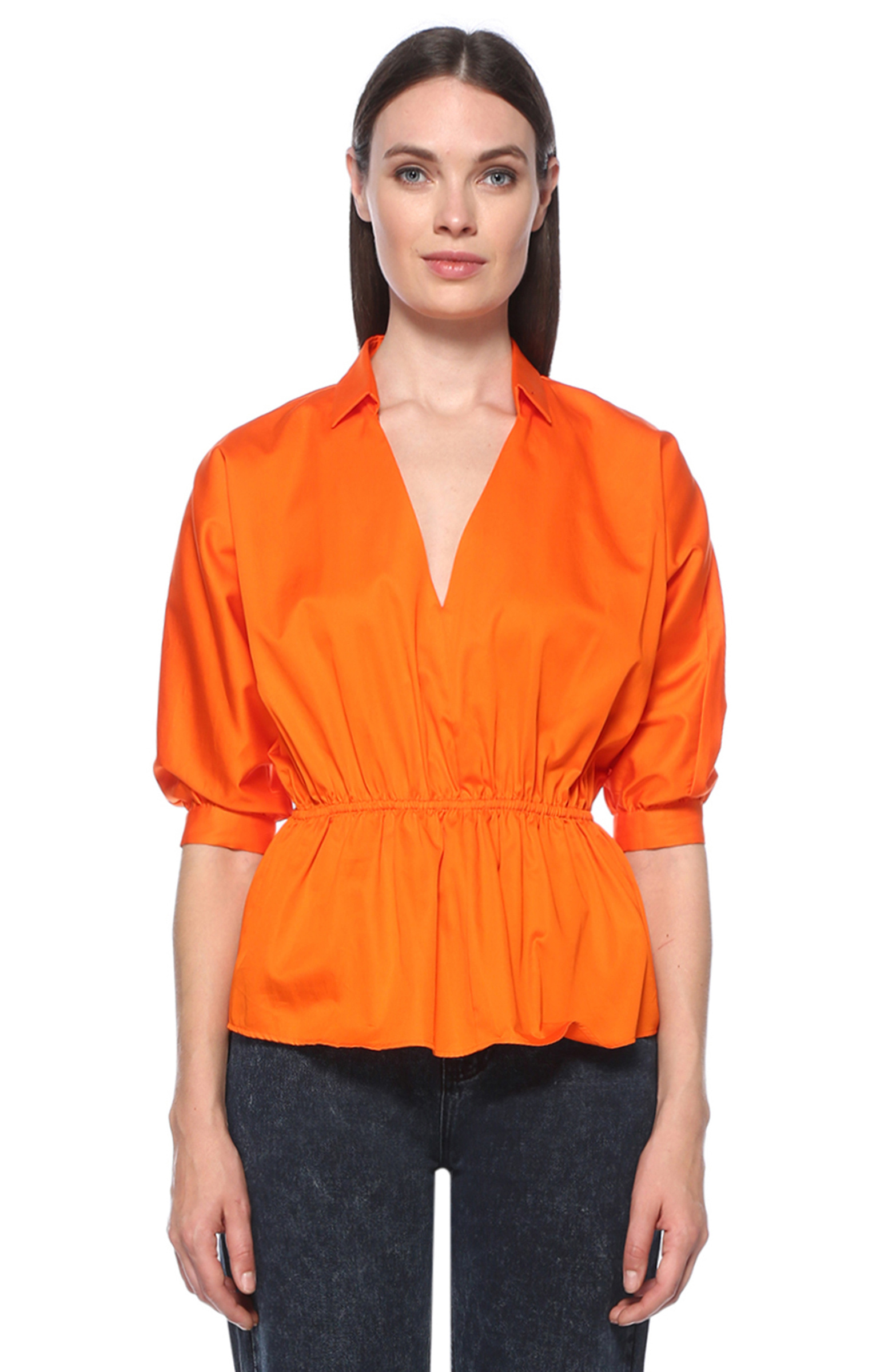 Turuncu V Yaka Balon Kollu Bluz