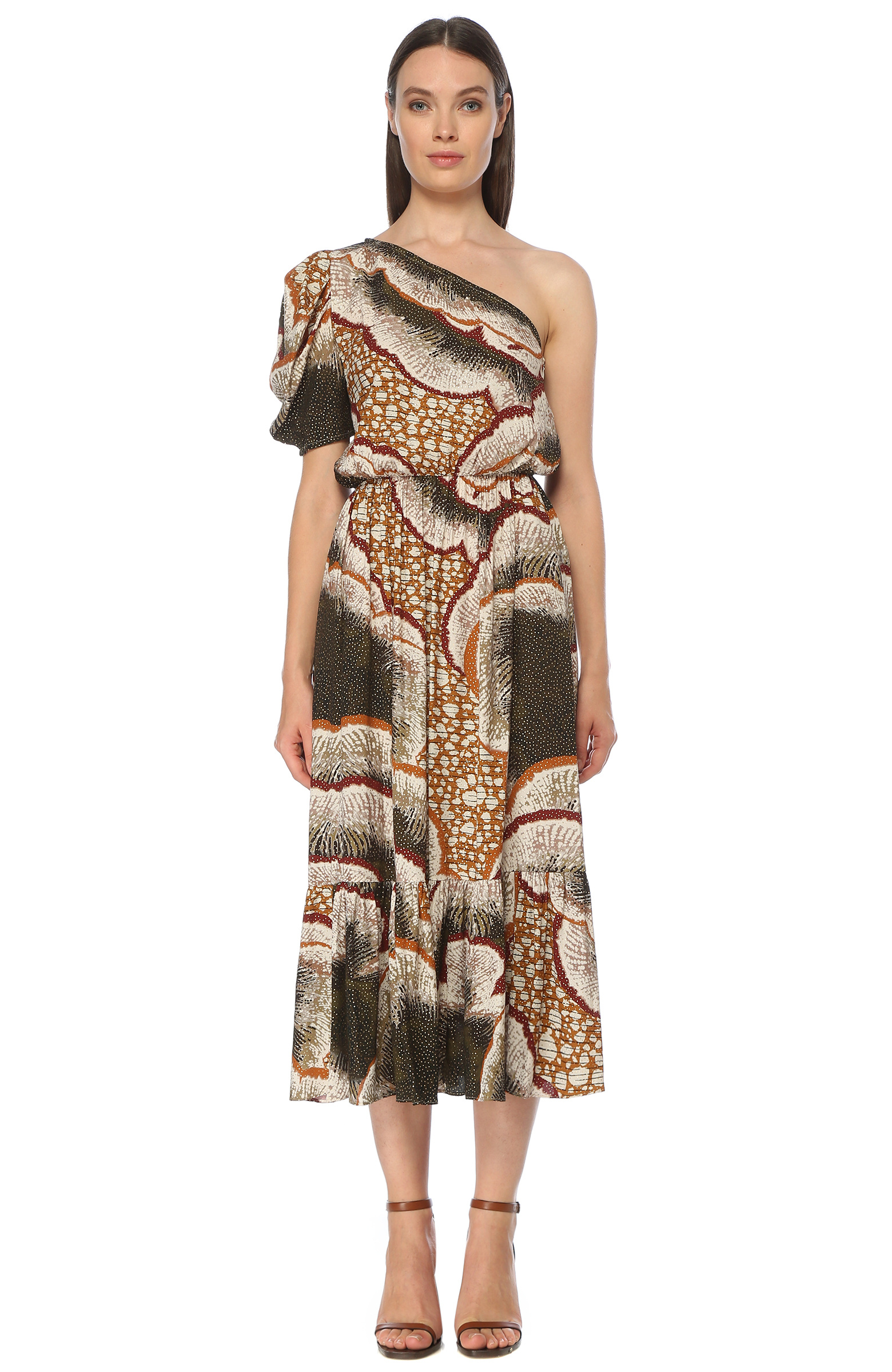 Bej Desenli Midi Elbise