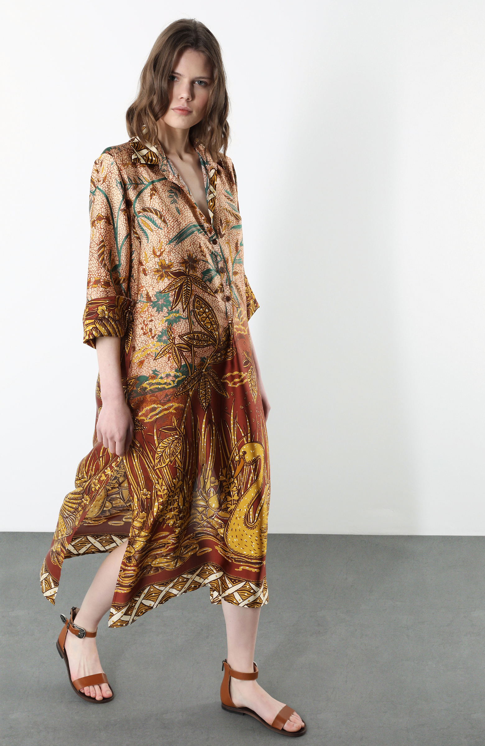 Kahverengi Desenli Midi Gömlek Elbise Kahverengi Desenli Midi Gömlek Elbise