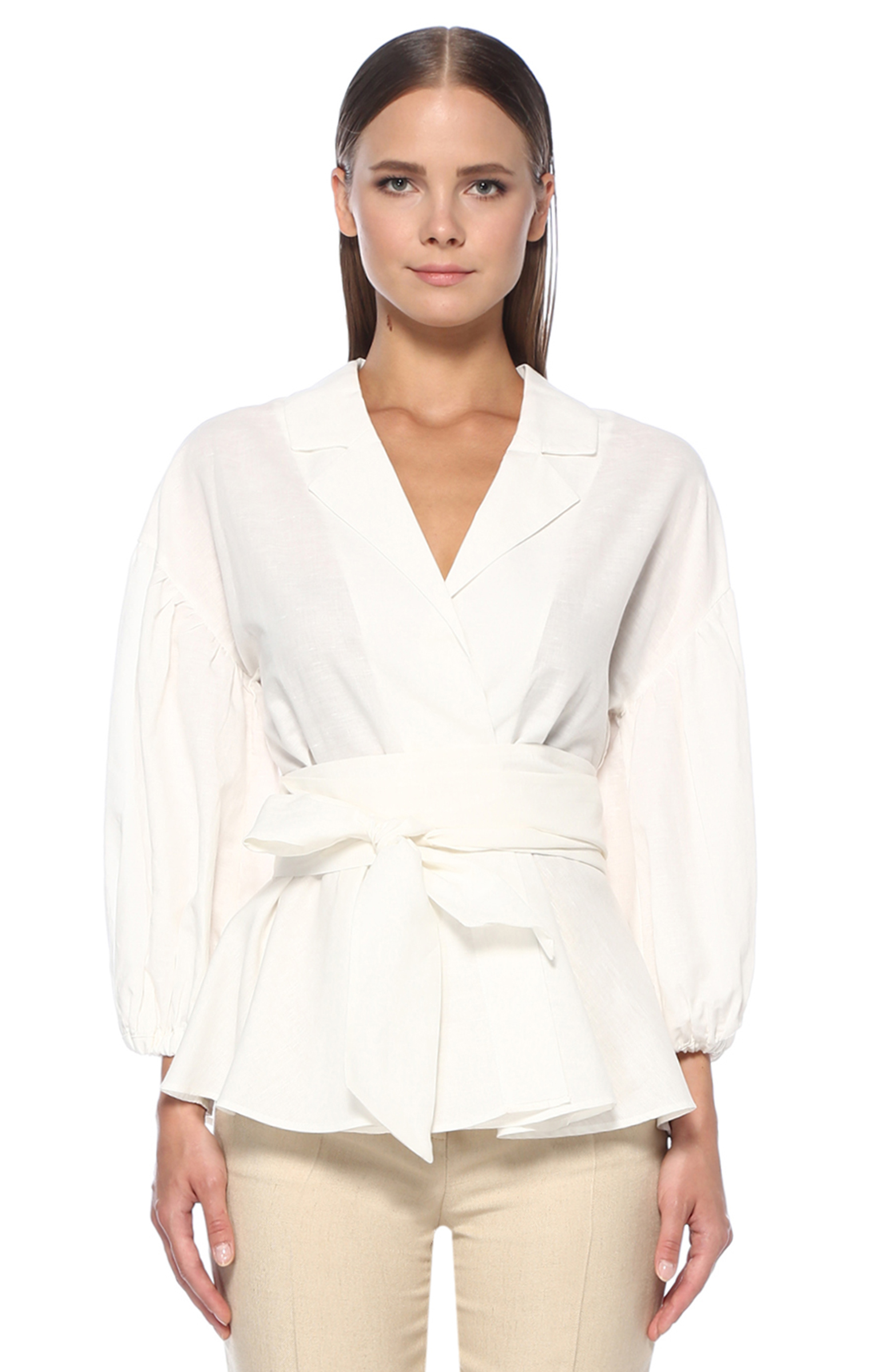 Ekru Kuşaklı Kruvaze Keten Ceket Ekru Kuşaklı Kruvaze Keten Ceket