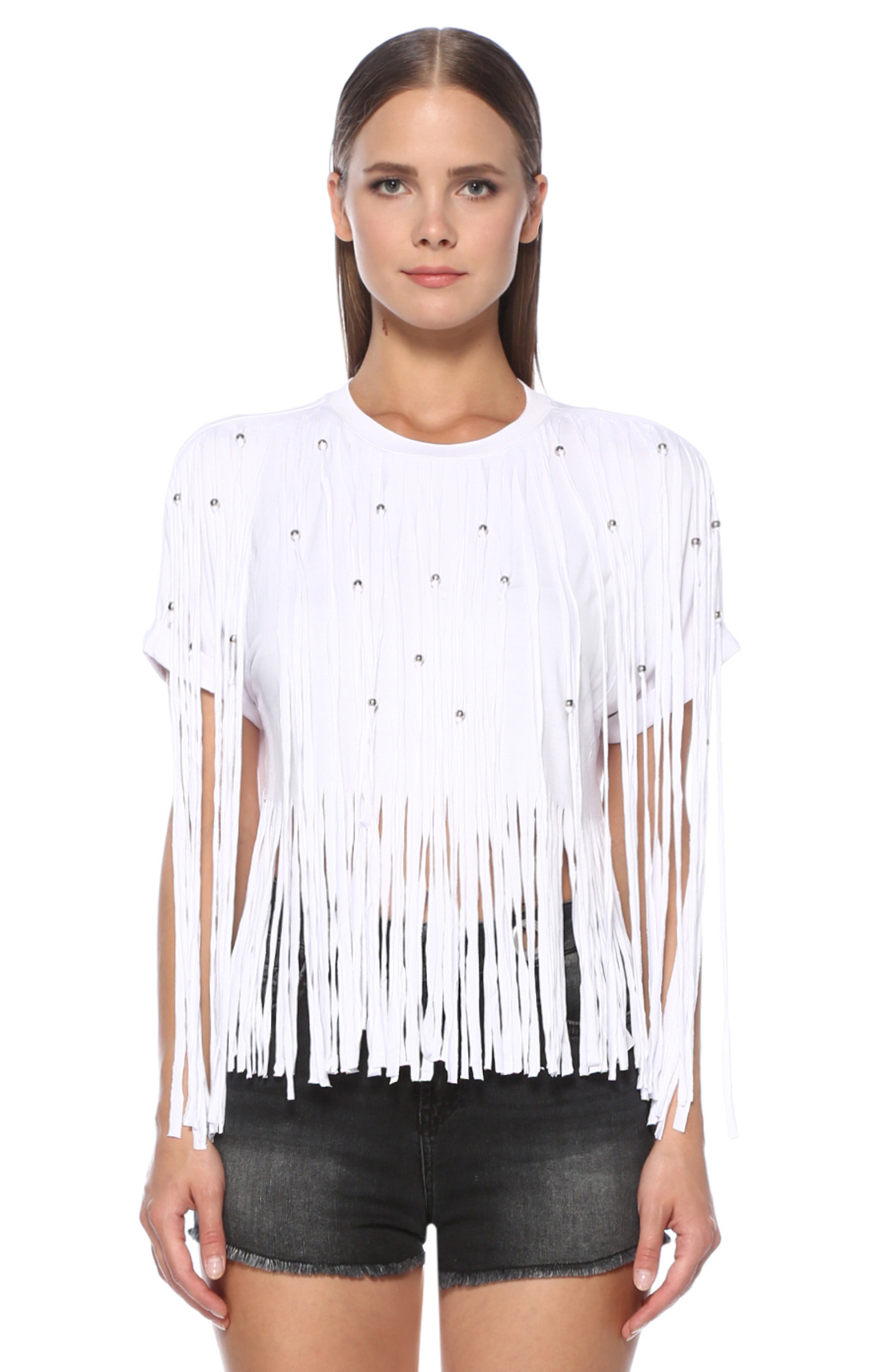 Beyaz Bisiklet Yaka Püskül Detaylı Tshirt