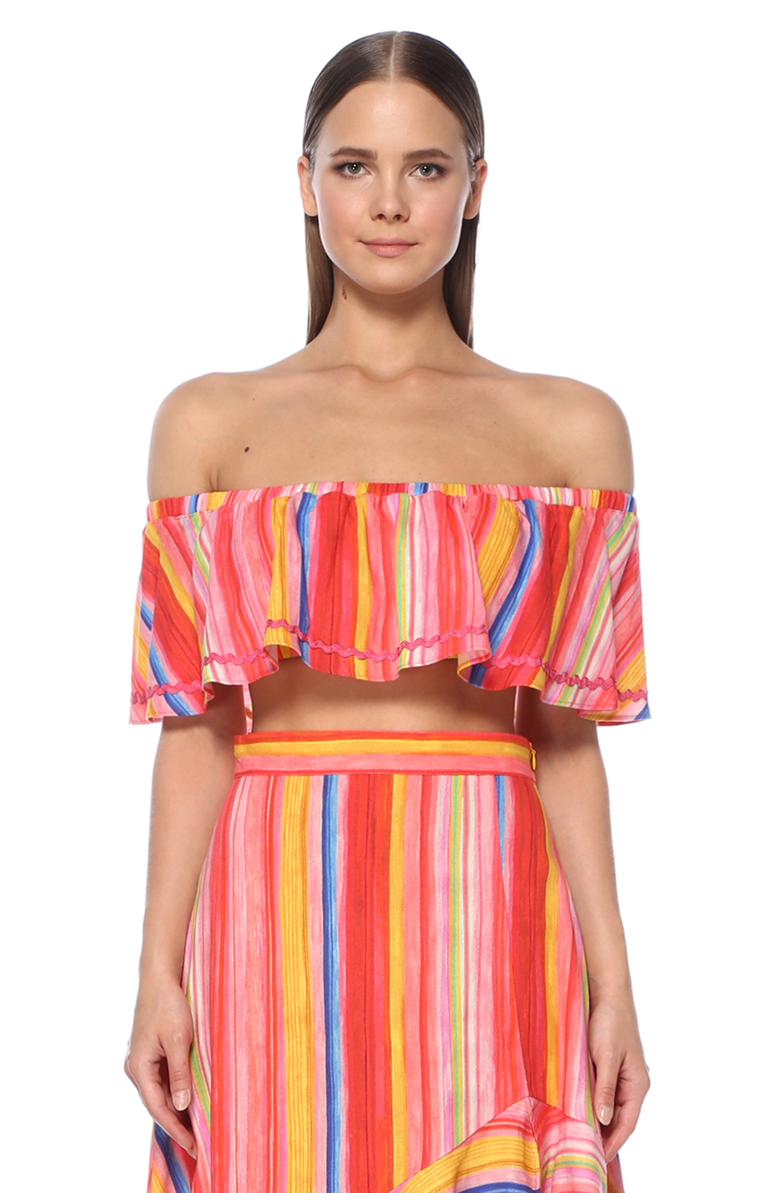 Kırmızı Düşük Omuzlu Çizgili Büstiyer