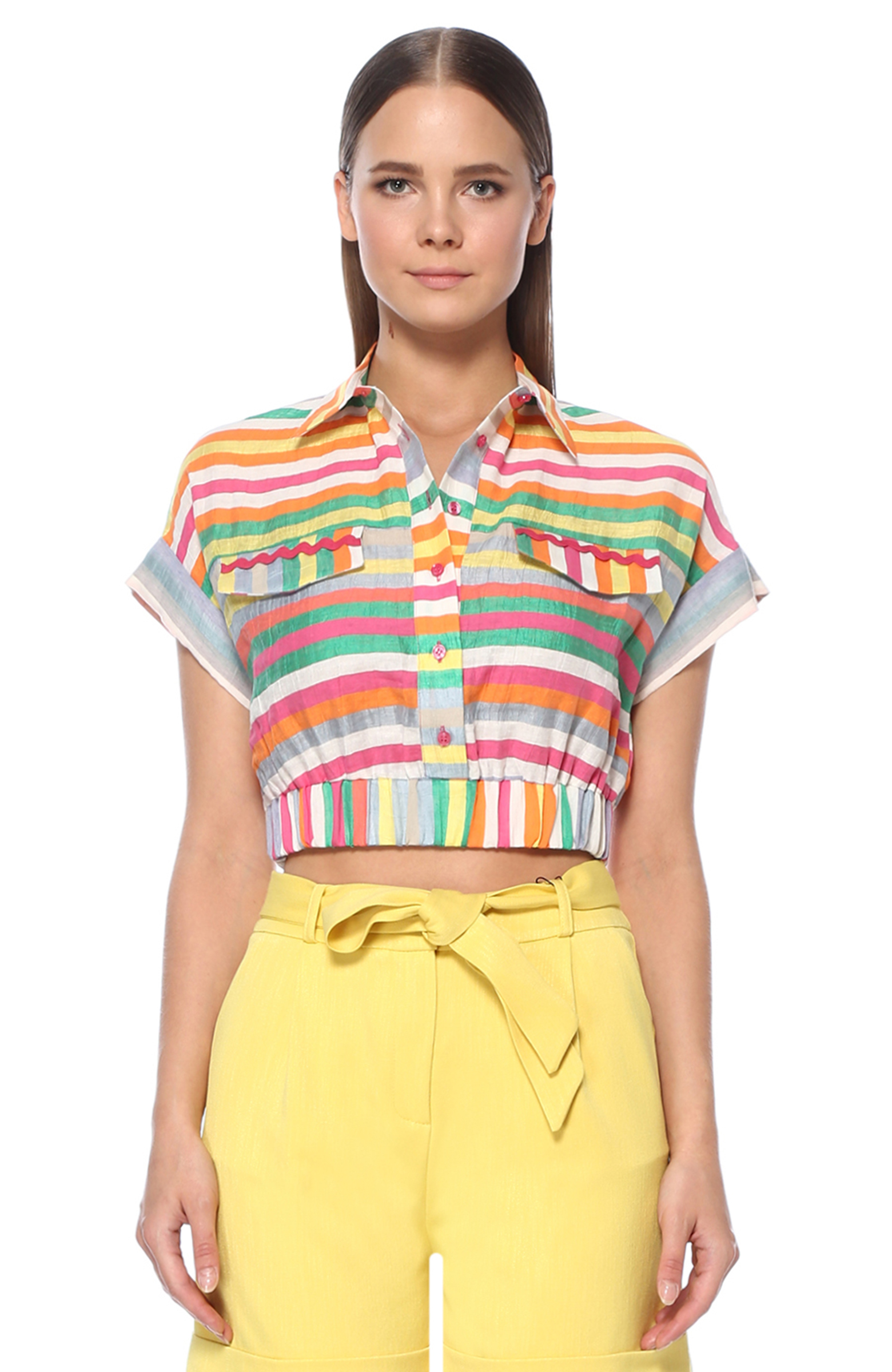 Renkli Çizgili Crop Gömlek Renkli Çizgili Crop Gömlek