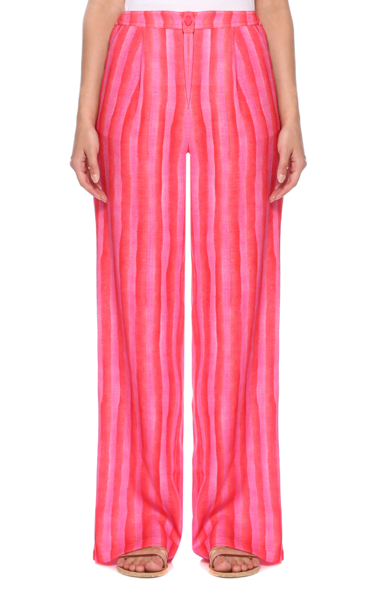 Pembe Yüksek Bel Çizgili Bol Paça Pantolon