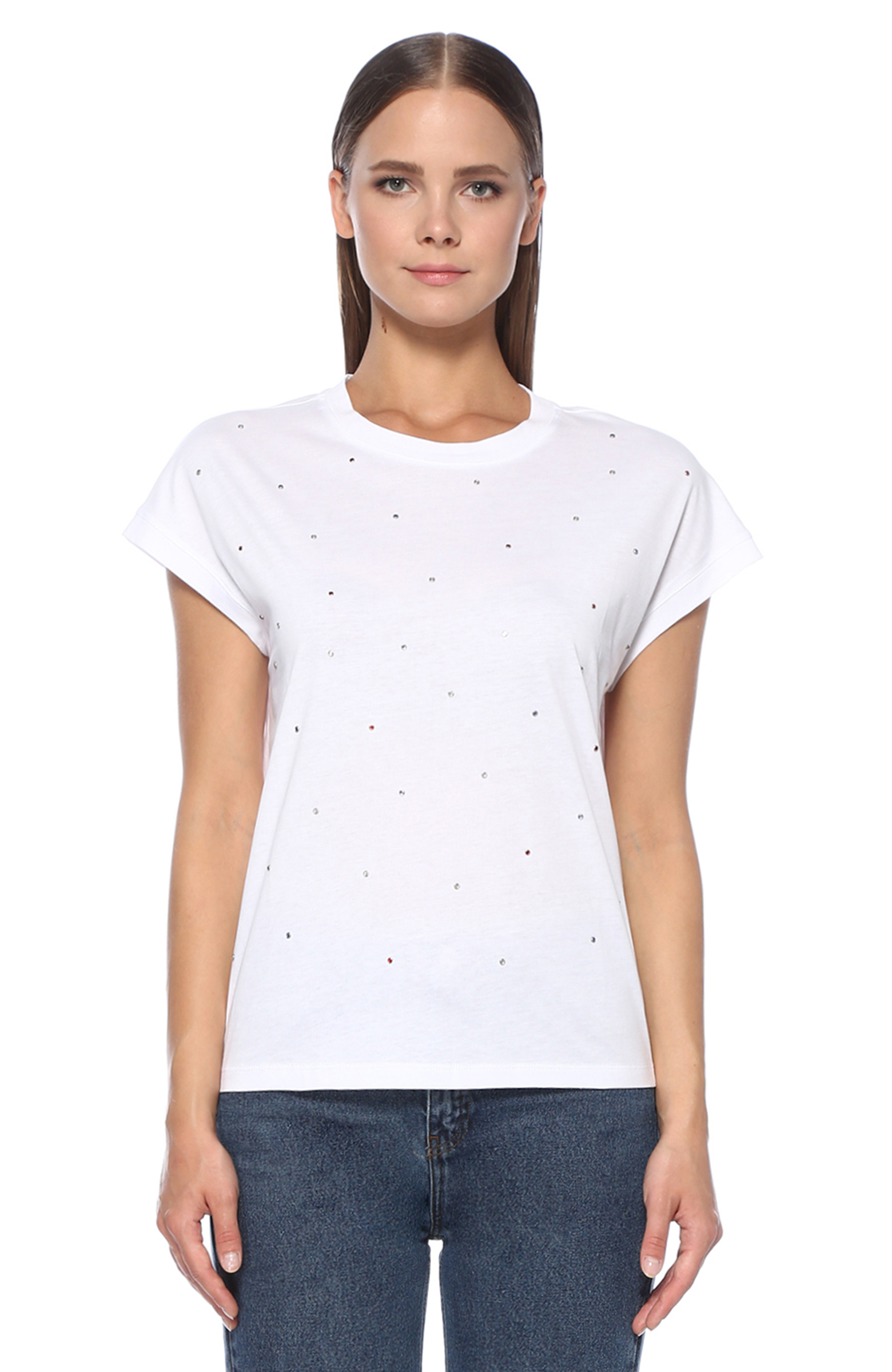 Beyaz Bisiklet Yaka T-Shirt