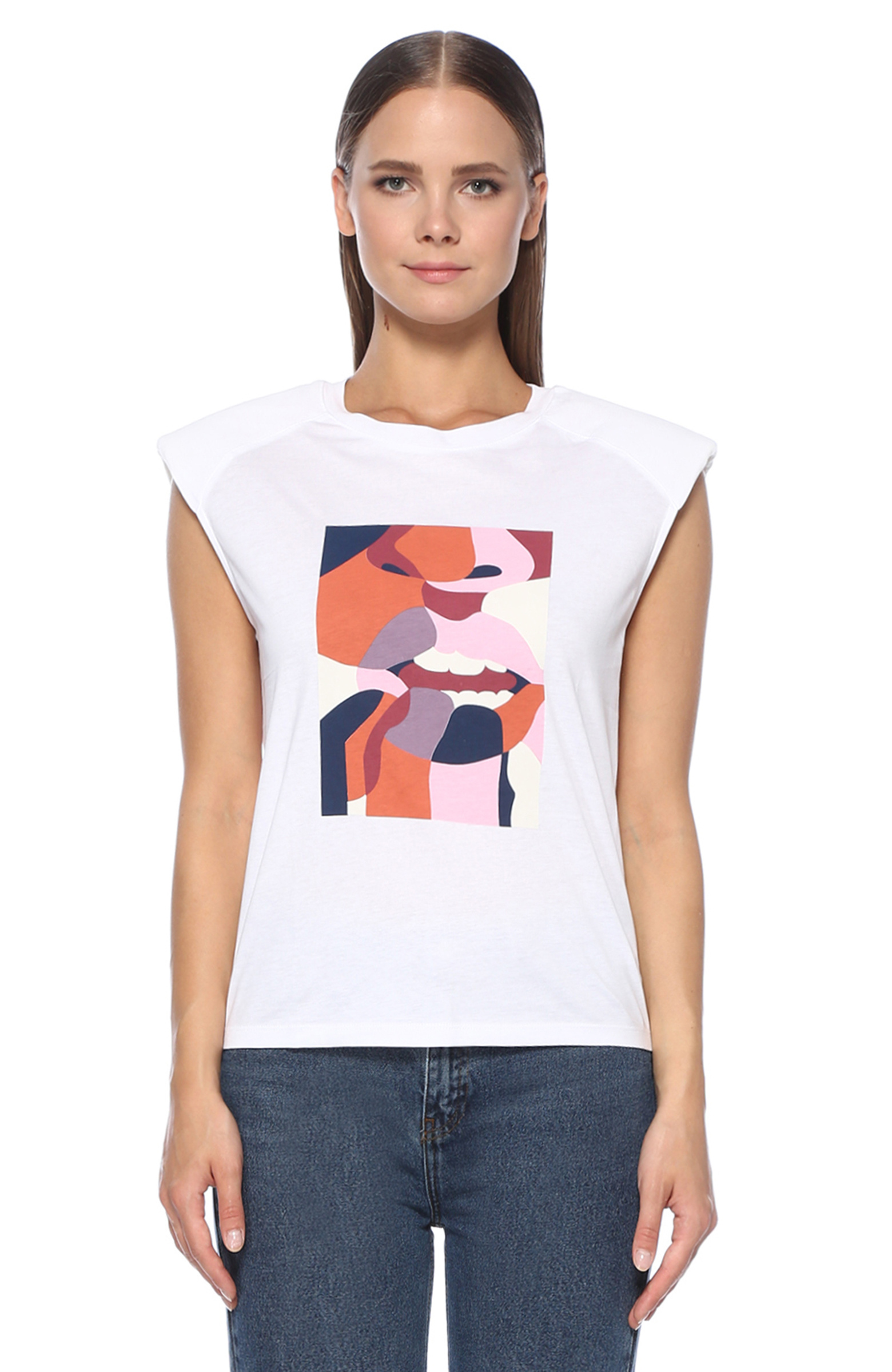 Beyaz Bisiklet Yaka Baskılı T-Shirt