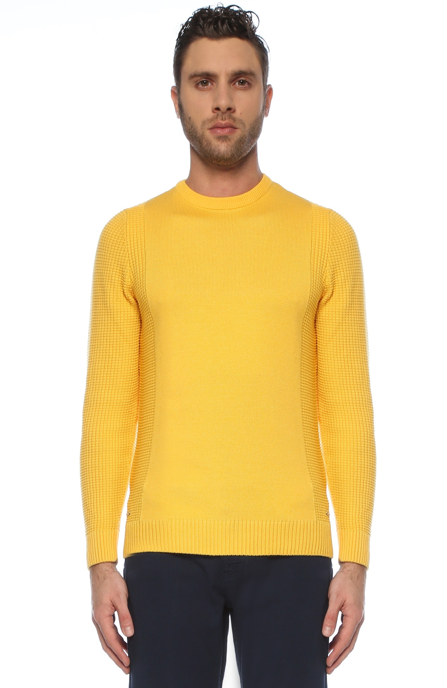 Sarı Bisiklet Yaka Dokulu Kazak