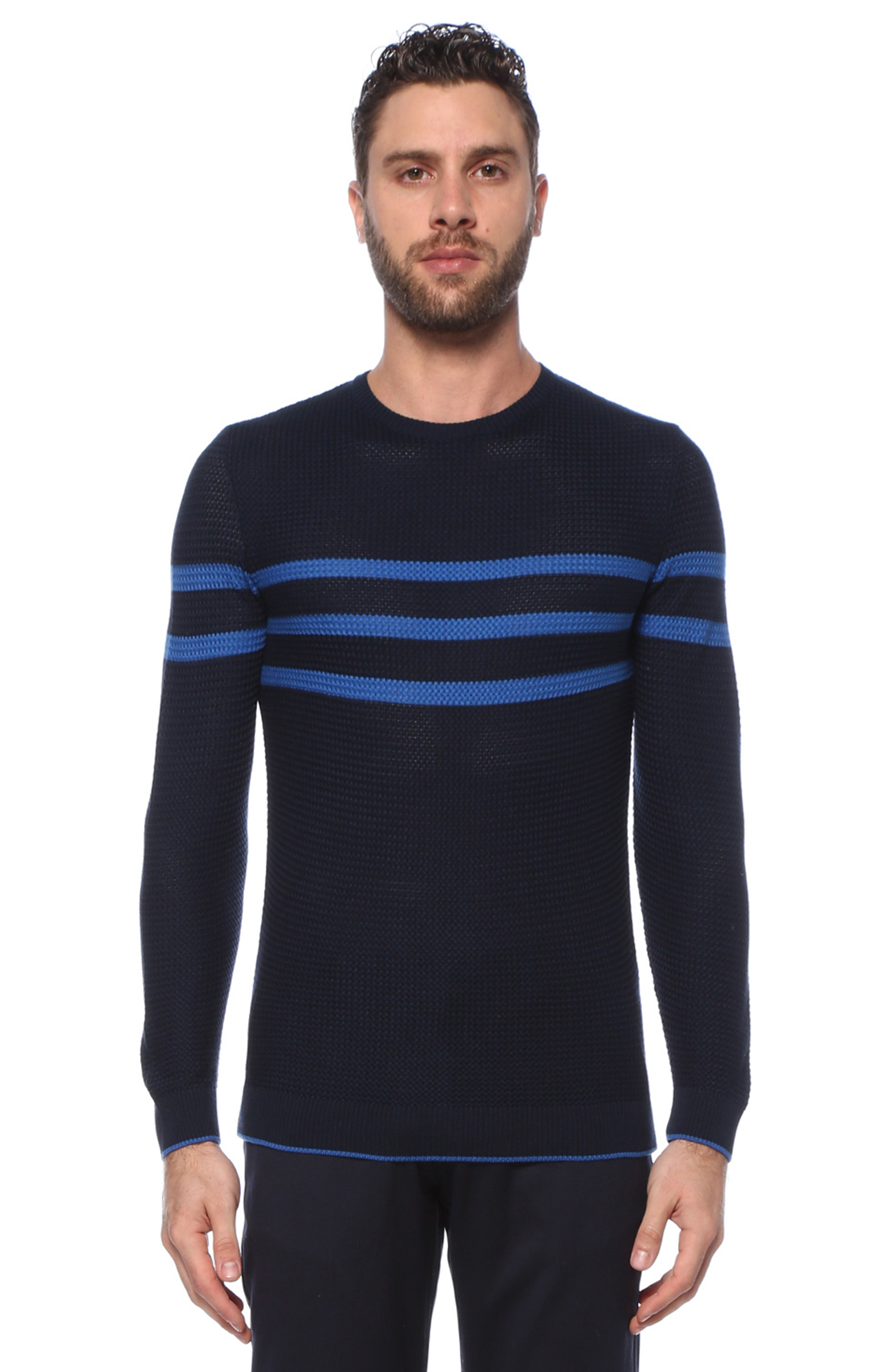 Slim Fit Lacivert Şerit Detaylı Kazak Slim Fit Lacivert Şerit Detaylı Kazak