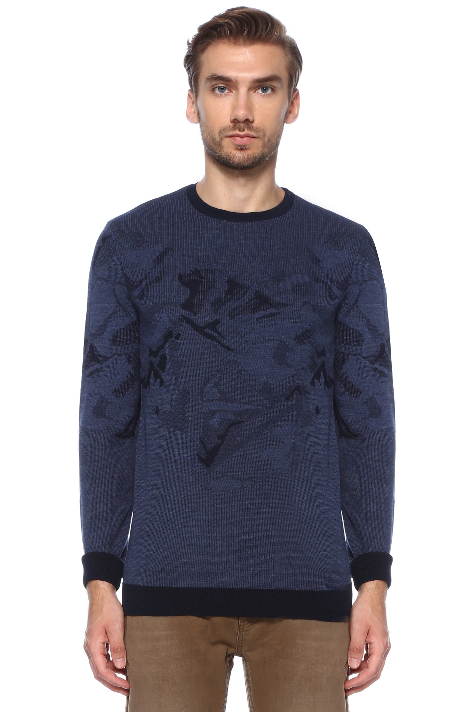 Lacivert Desen Jakarlı Yün Kazak