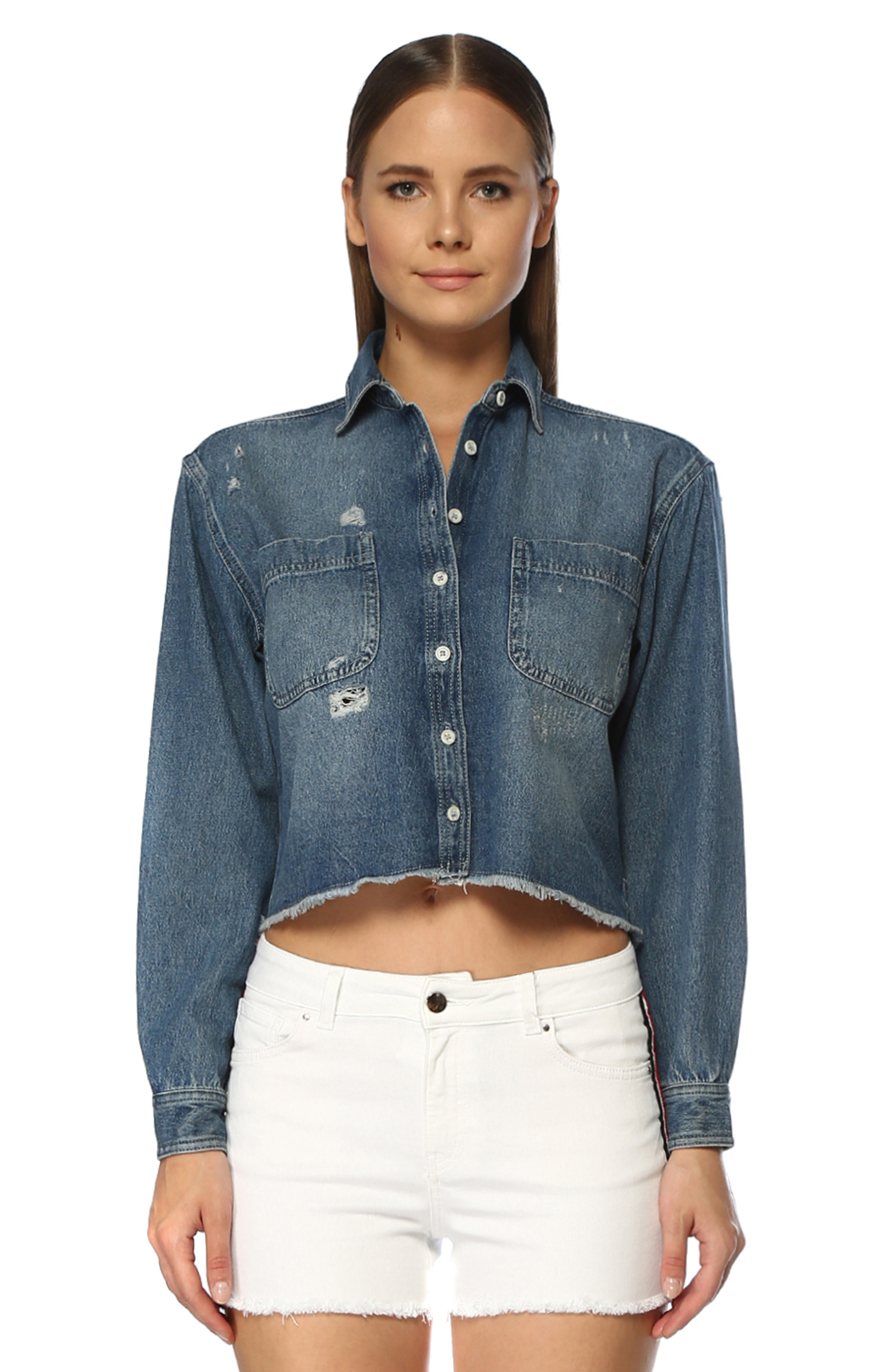 Yıpratma Detaylı Crop Denim Gömlek Yıpratma Detaylı Crop Denim Gömlek