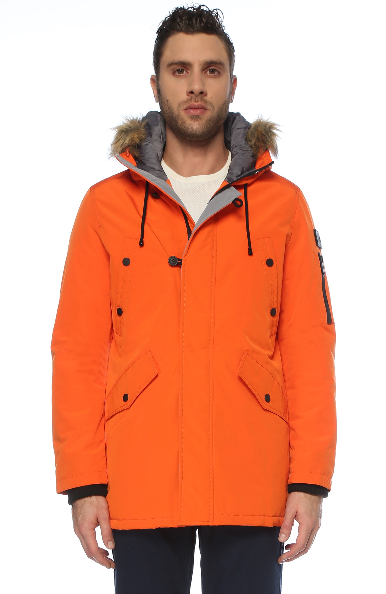 Turuncu Kapüşonlu Casual Kaban