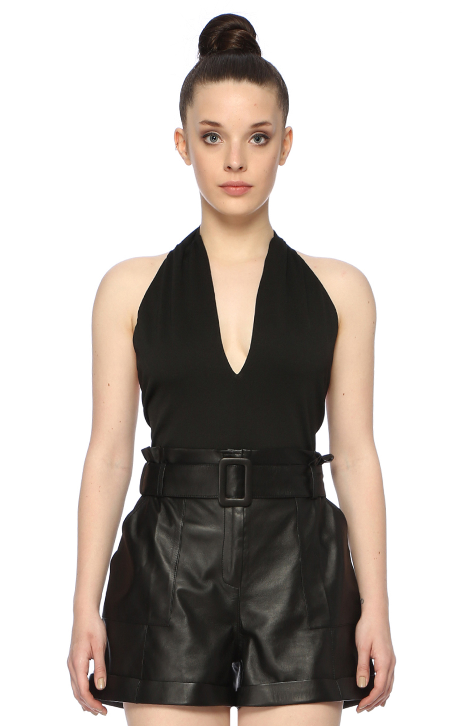 Slim Fit Siyah Boyundan Bağlamalı Bluz