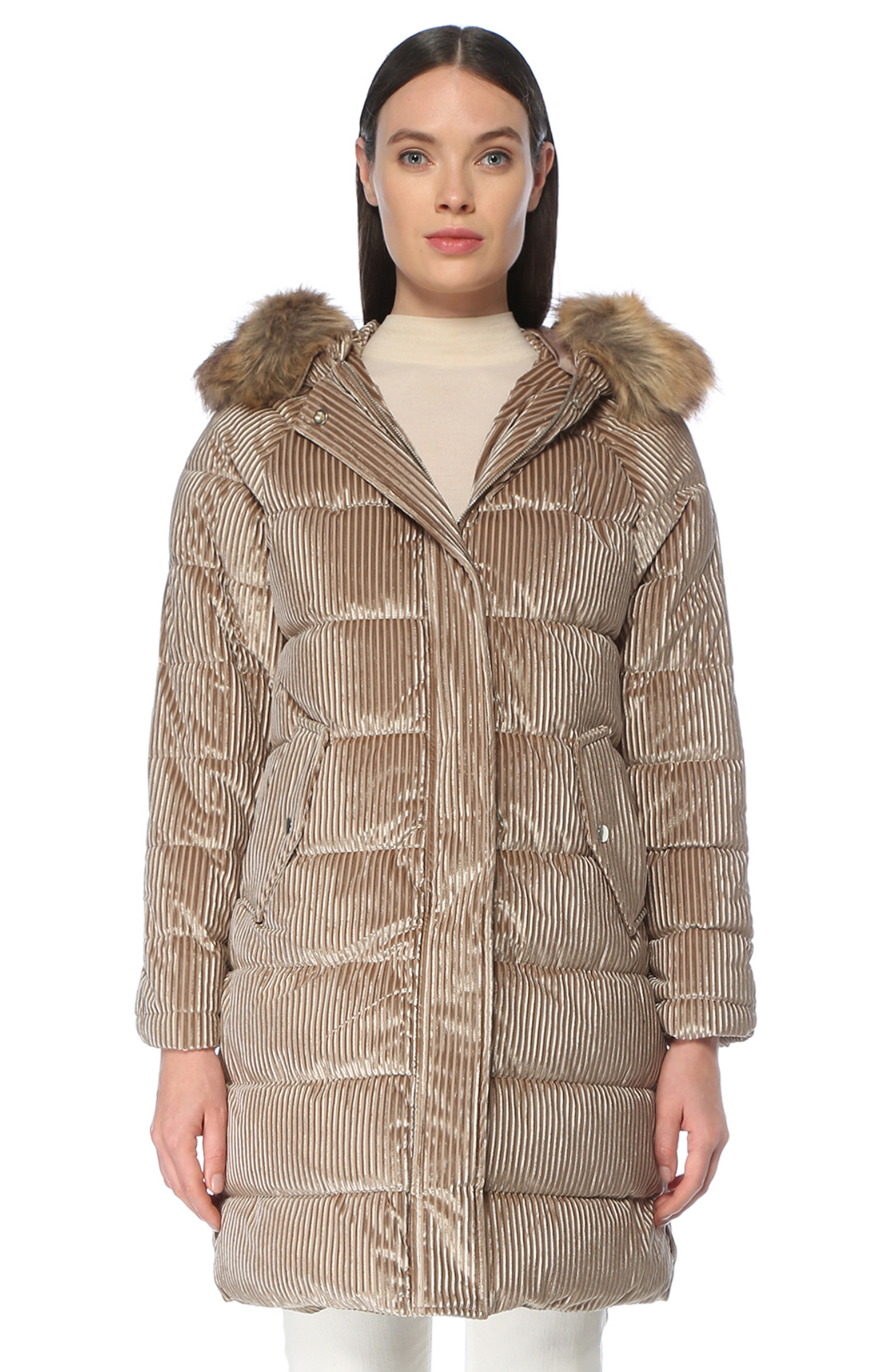 Basic Fit Bej Kapüşonlu Kadife Kaban