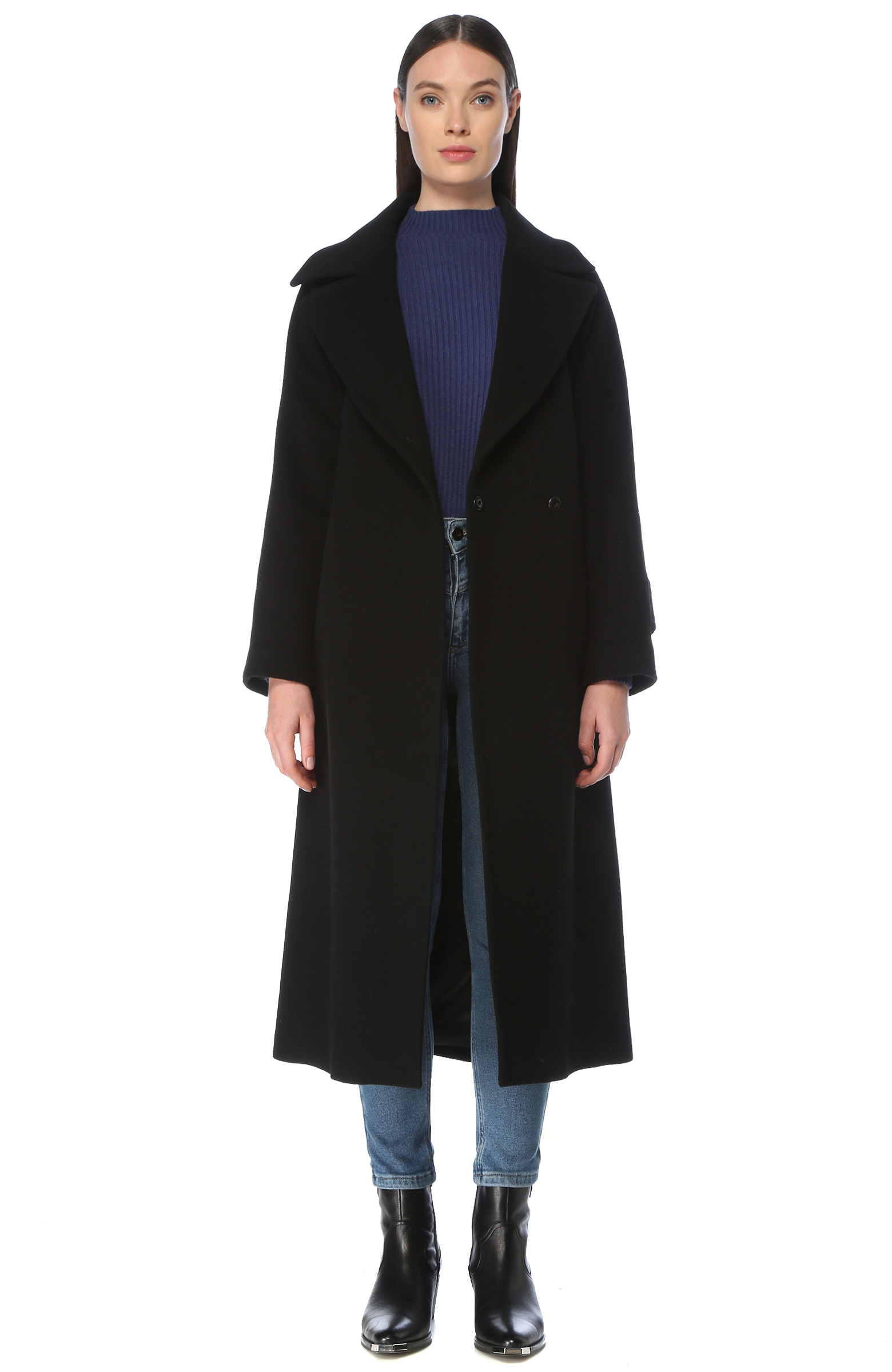 Regular Fit Siyah Kuşak Detaylı Yün Palto Regular Fit Siyah Kuşak Detaylı Yün Palto