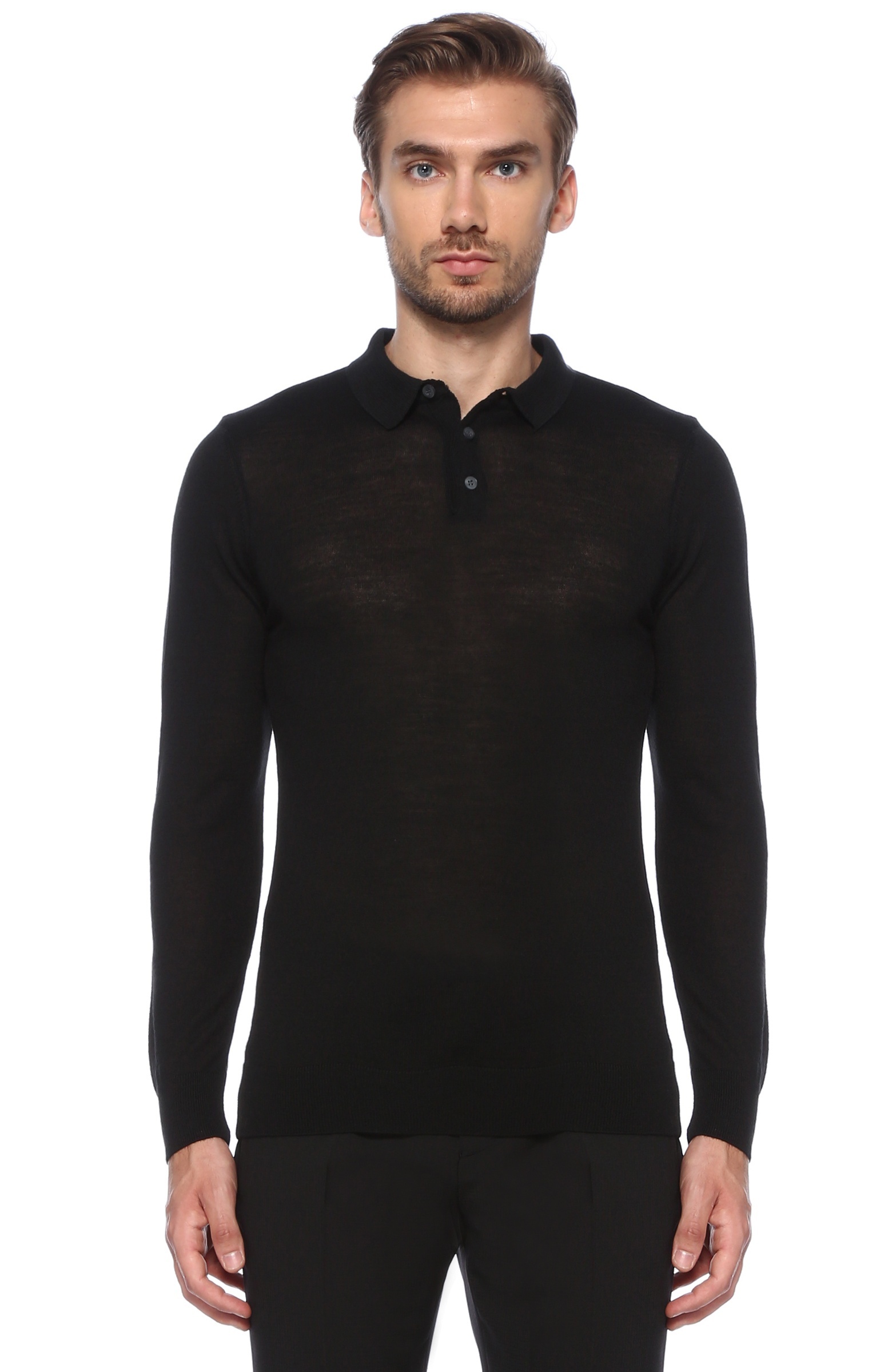 Siyah Polo Yaka Yün Kazak