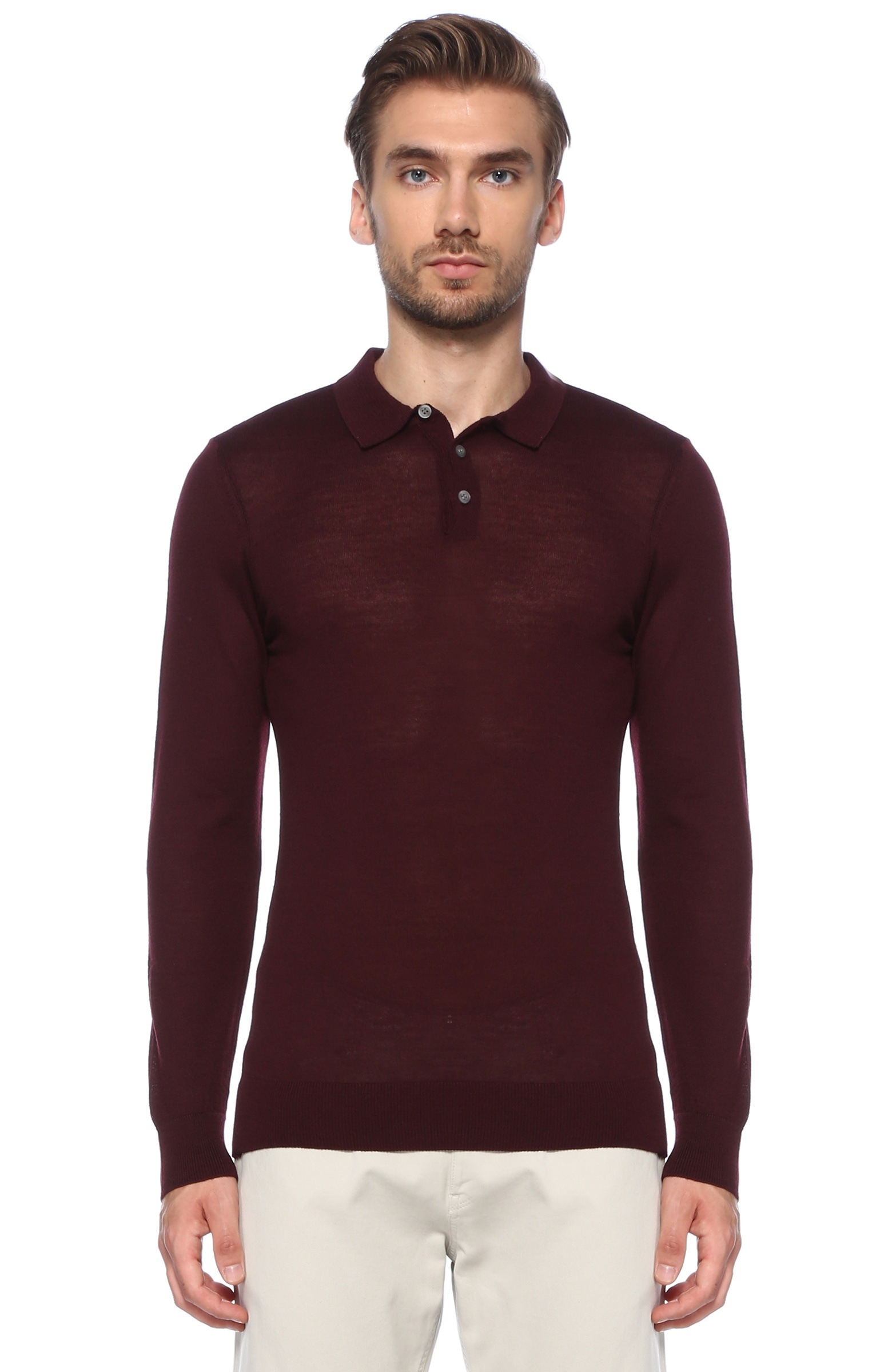 Bordo Polo Yaka Yün Kazak Bordo Polo Yaka Yün Kazak