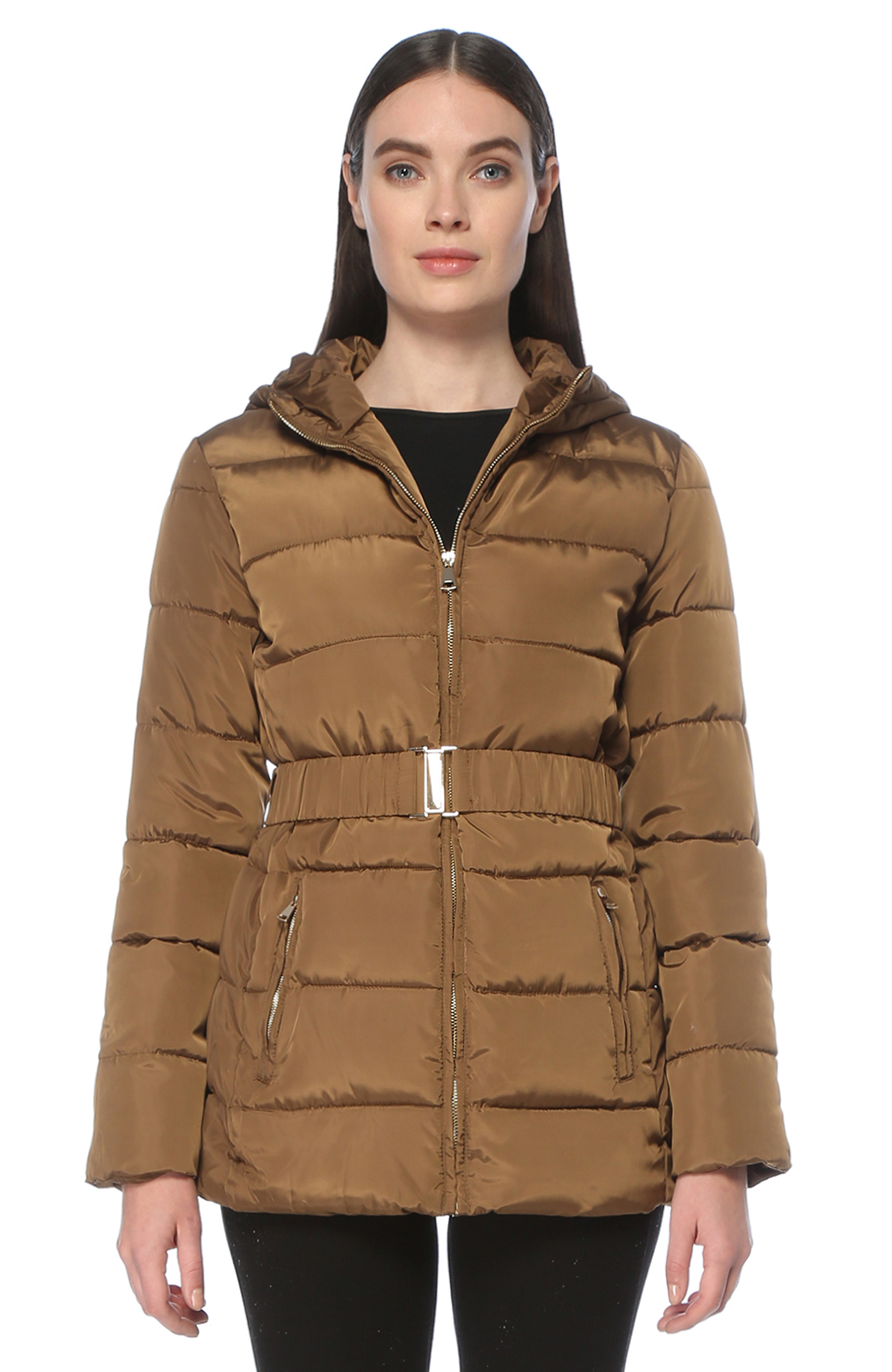 Slim Fit Camel Kapüşonlu Puff Kaban Slim Fit Camel Kapüşonlu Puff Kaban