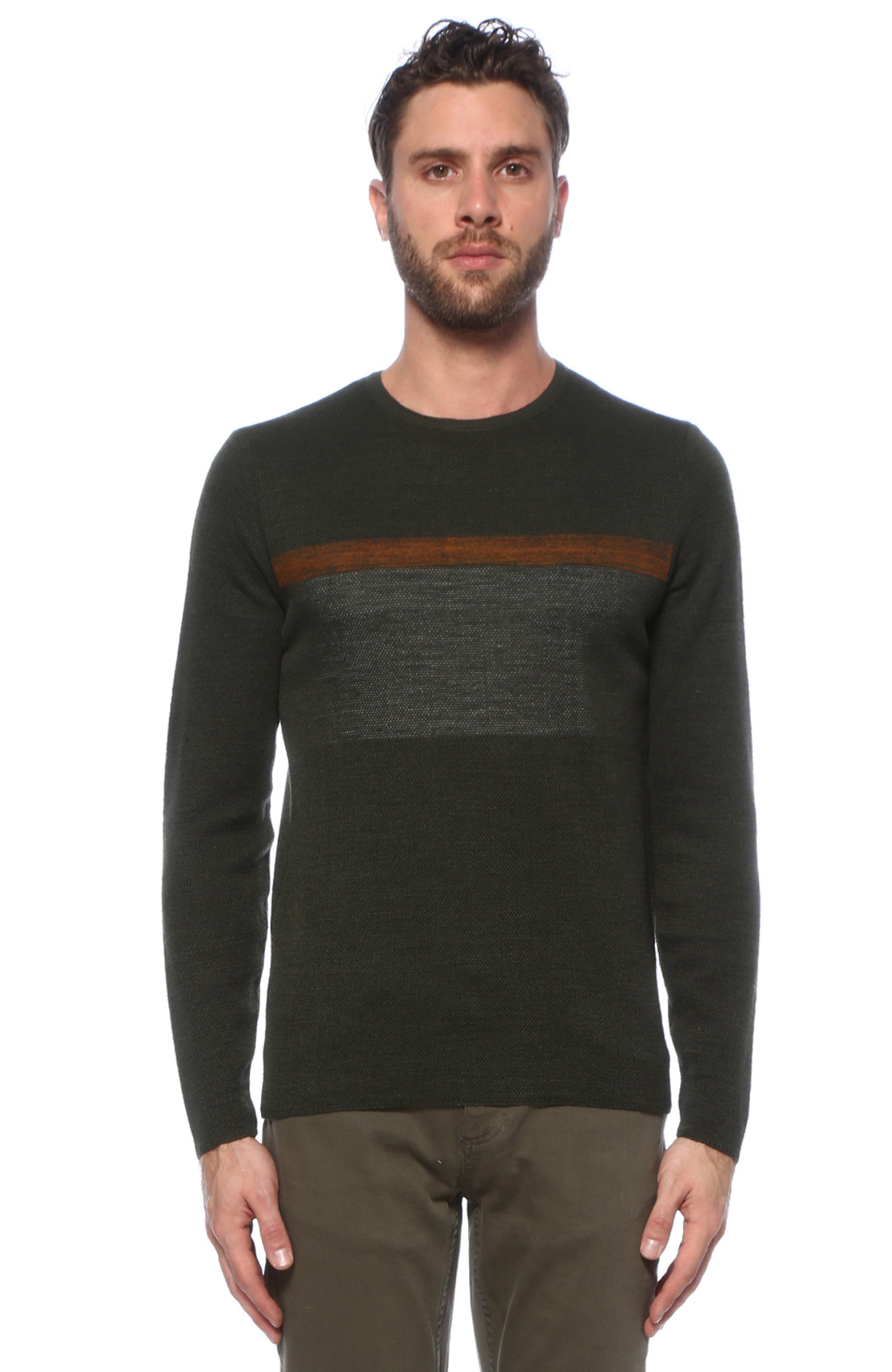 Haki Şerit Detaylı Yün Kazak