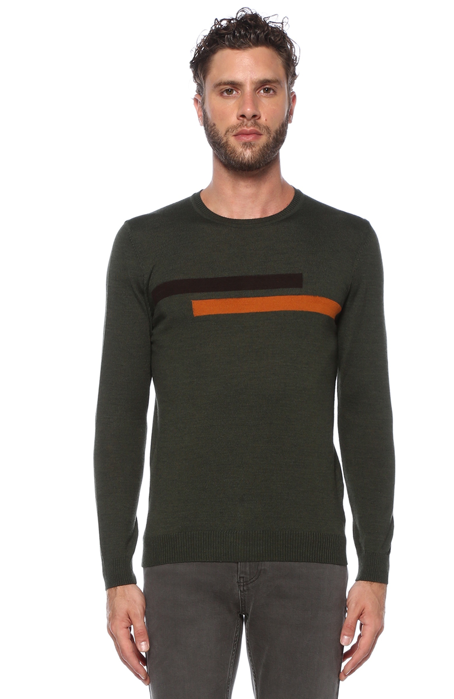 Haki Şerit Detaylı Yün Kazak