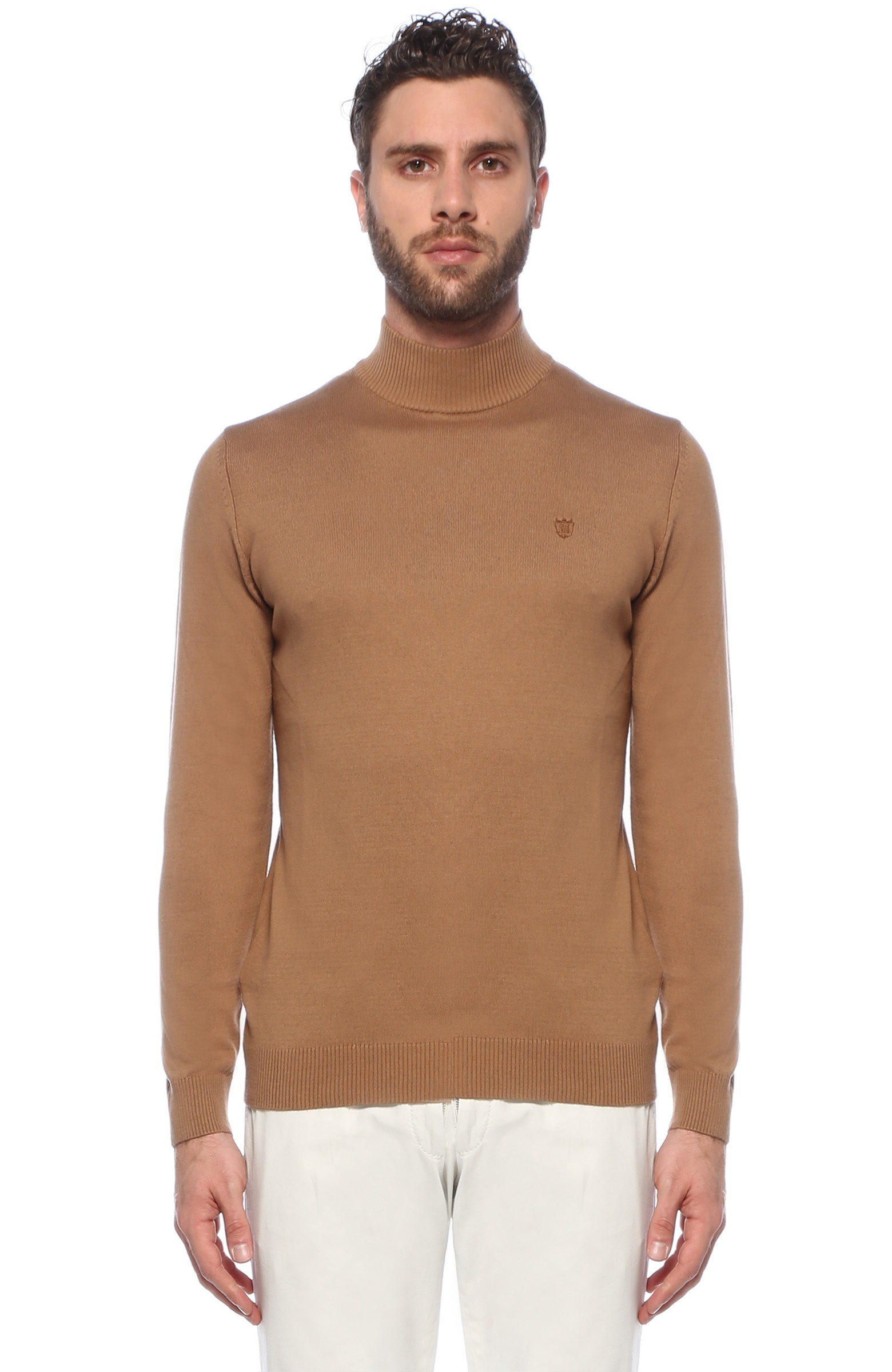 Camel Balıkçı Yaka Nakışlı Kazak Camel Balıkçı Yaka Nakışlı Kazak