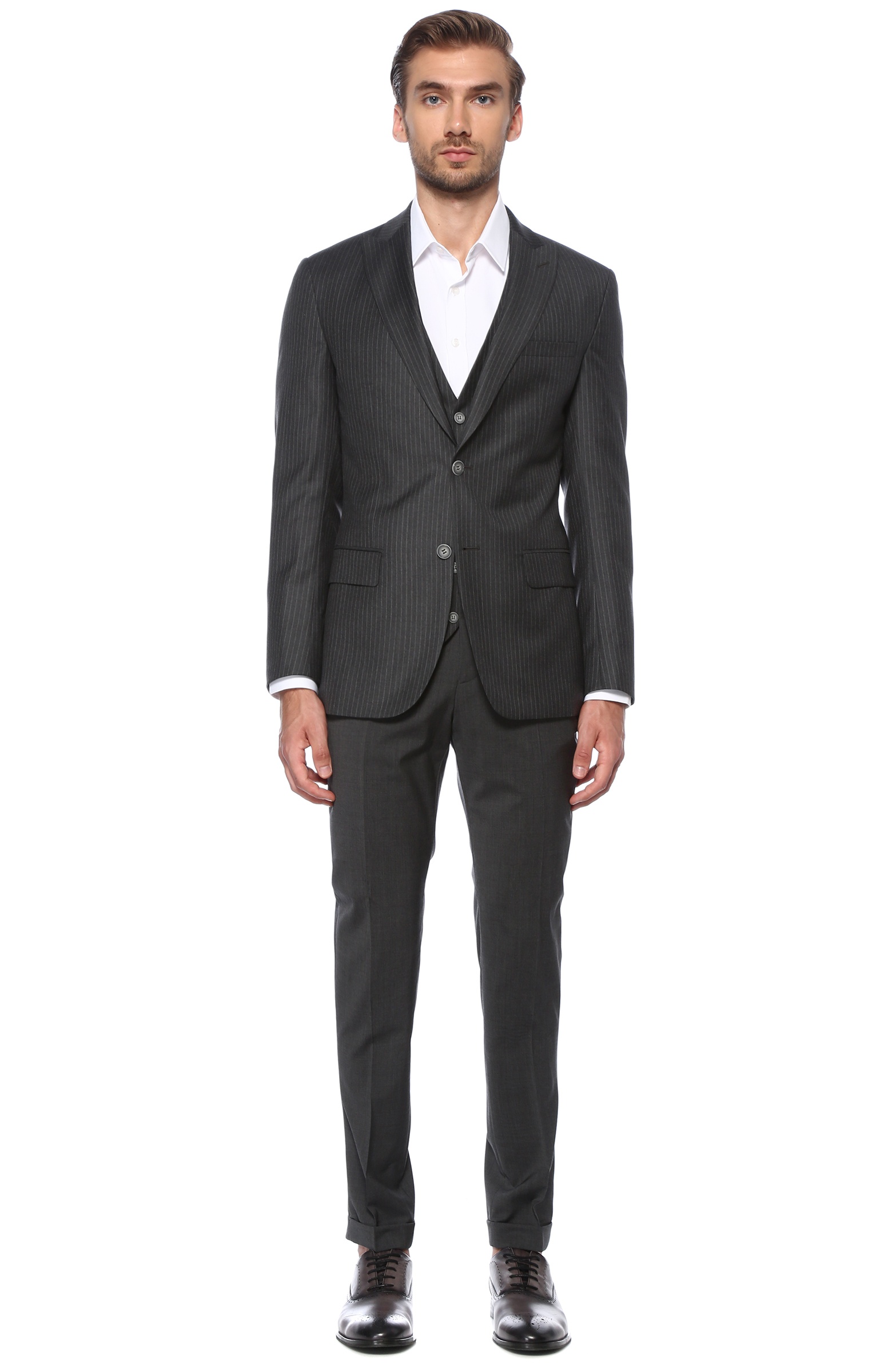 Antrasit Çizgili Yelekli Yün Takım Elbise