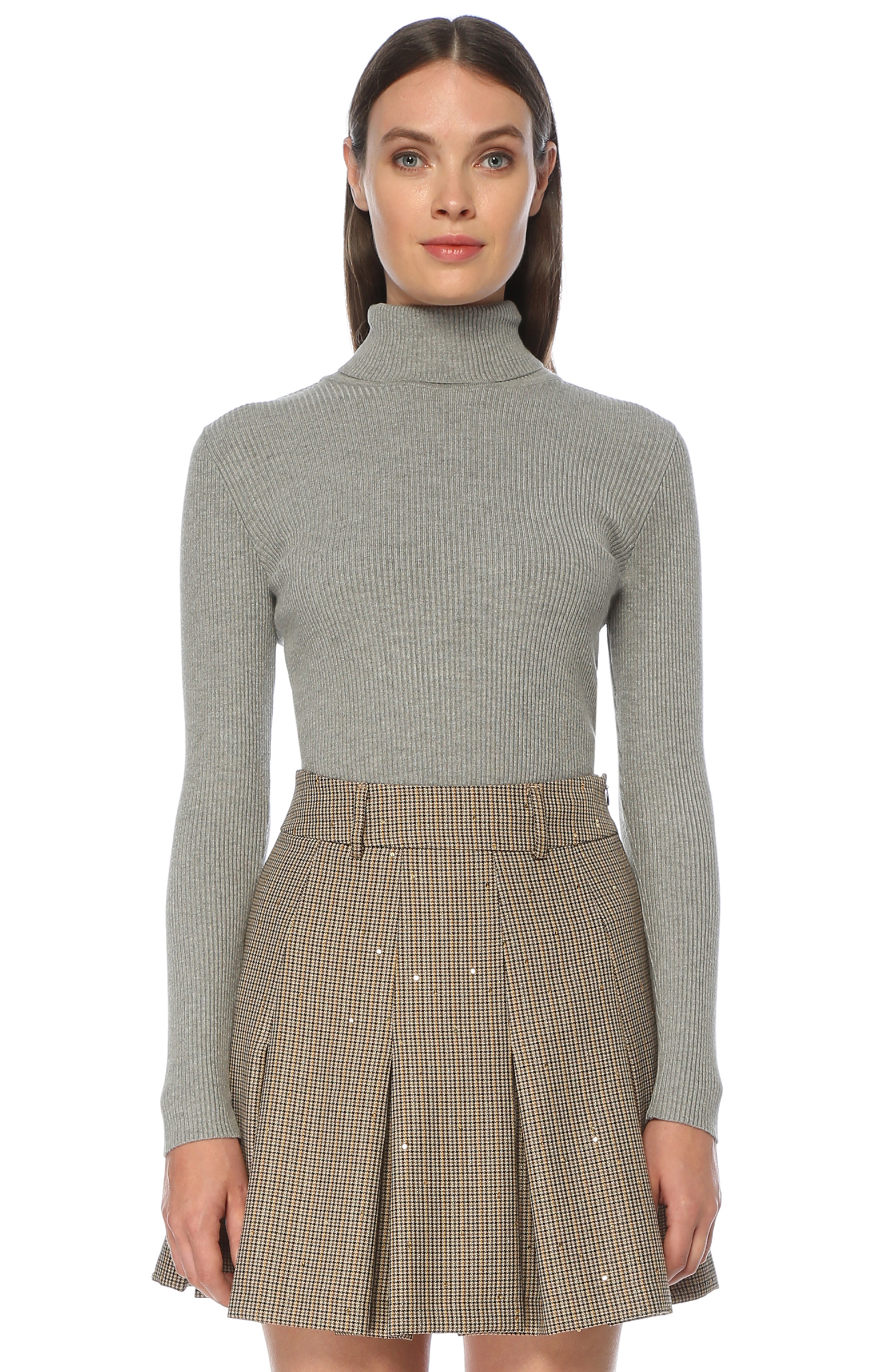 Slim Fit Gri Balıkçı Yaka Ribli Kazak