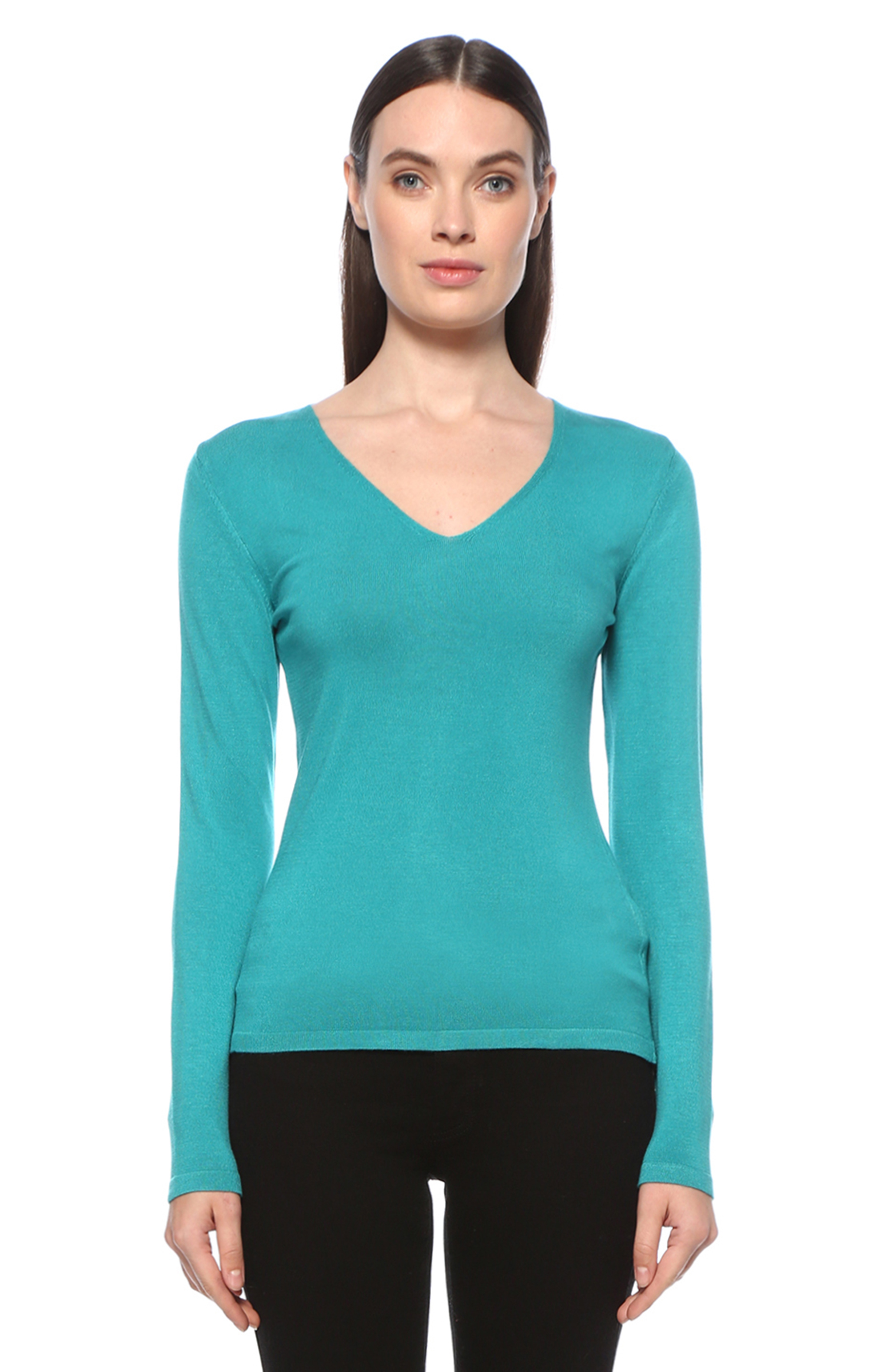 Slim Fit Turkuaz V Yaka Kazak Slim Fit Turkuaz V Yaka Kazak